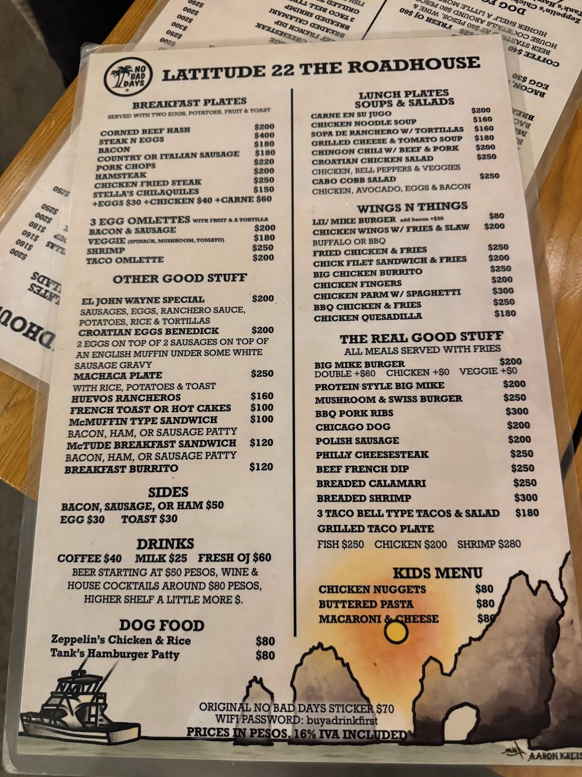 Menu at Latitude 22+ Roadhouse pub & bar, Cabo San Lucas