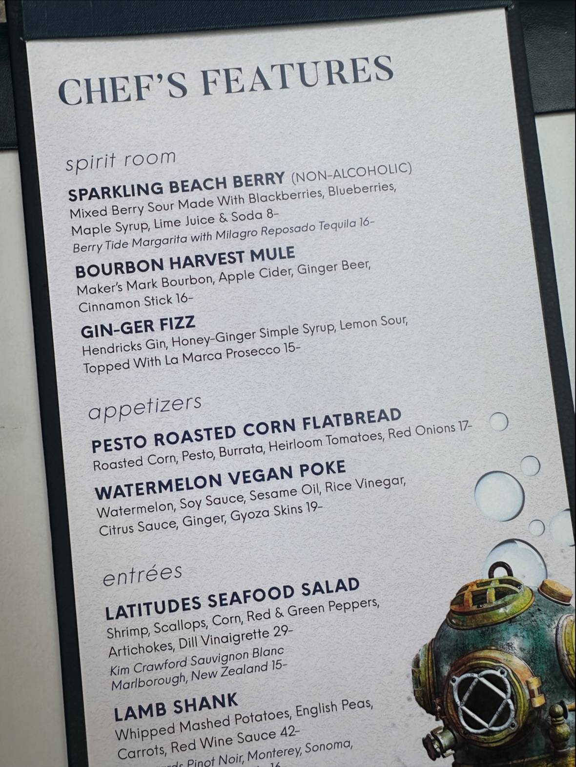 Menu at Latitudes restaurant, Highland Beach, S Ocean Blvd