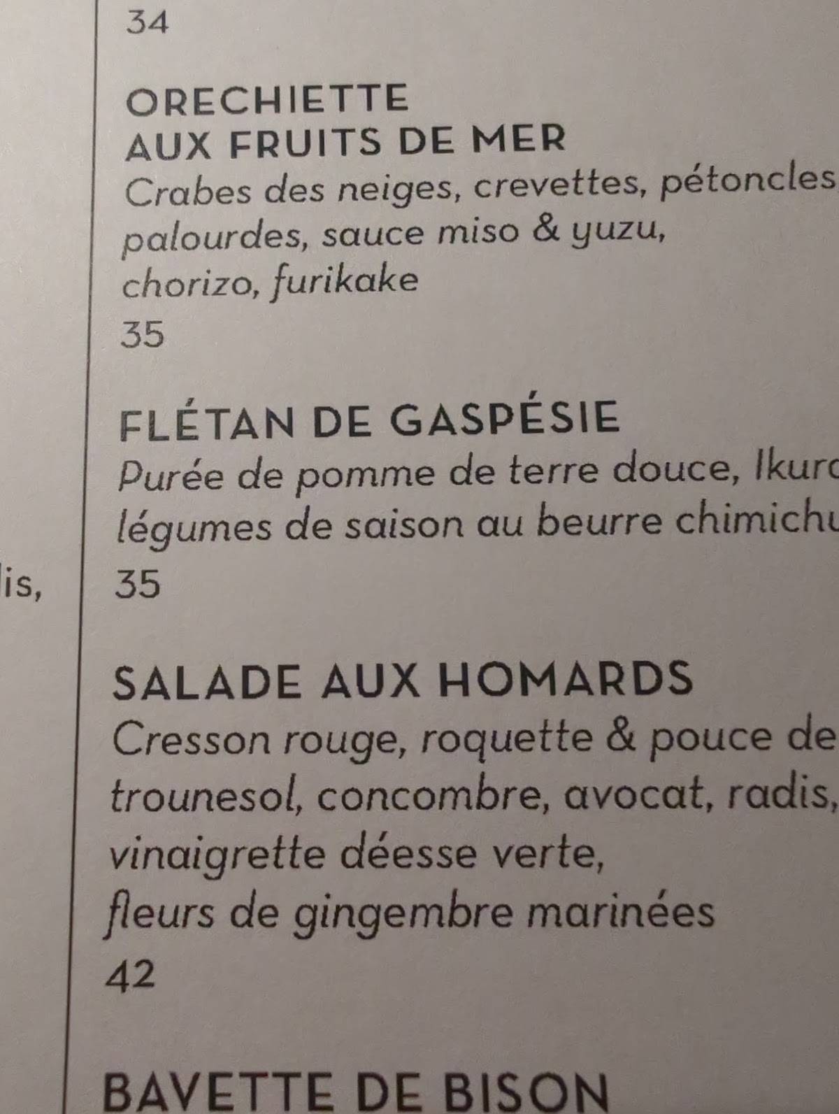 Menu at Le Boating Club, Laval