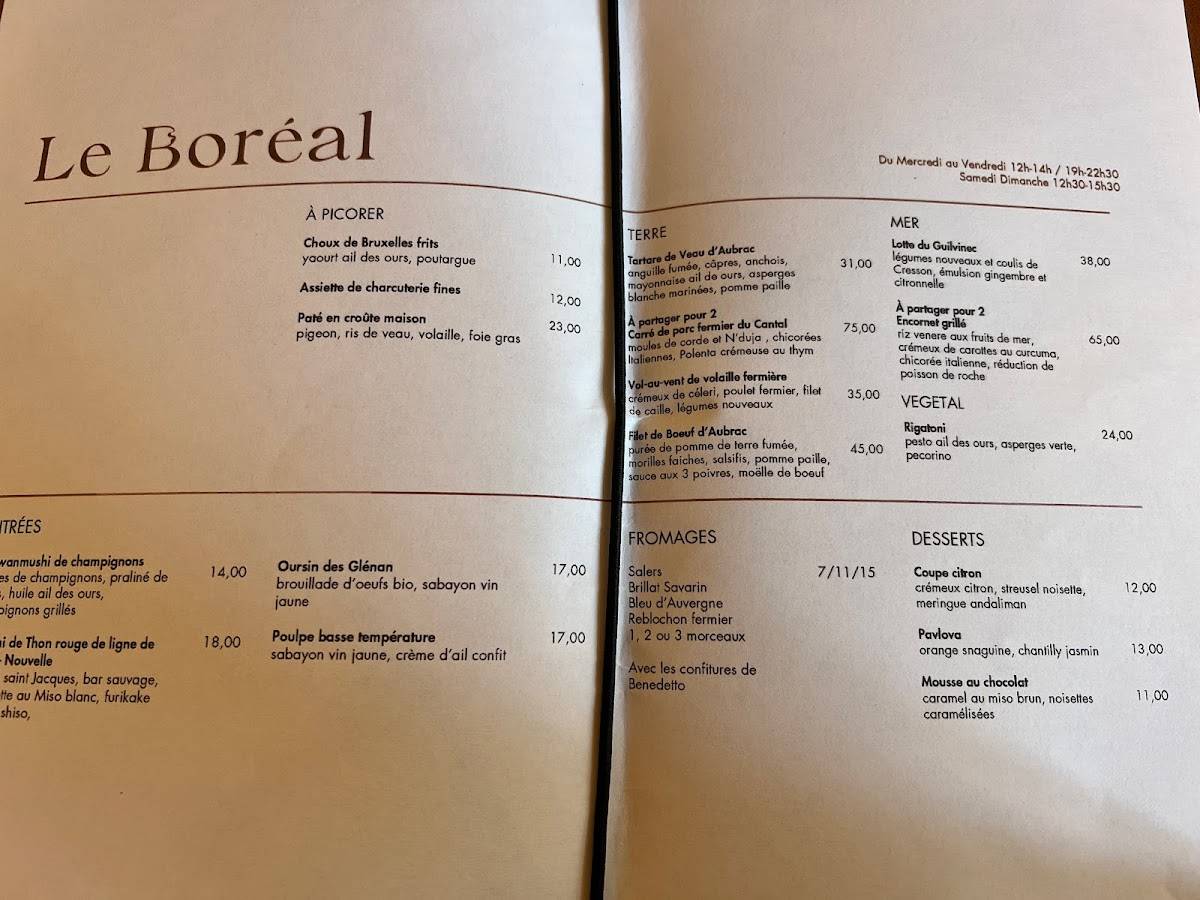 Menu at Le Boréal restaurant, Paris