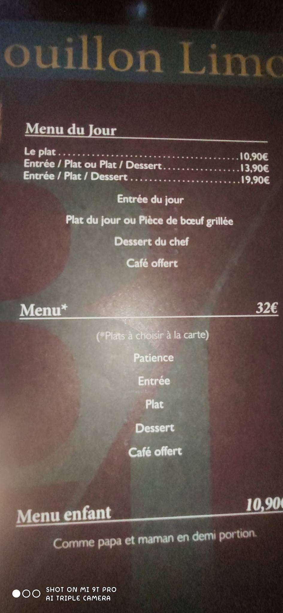 Menu au Le Bouillon Limousin restaurant, Limoges