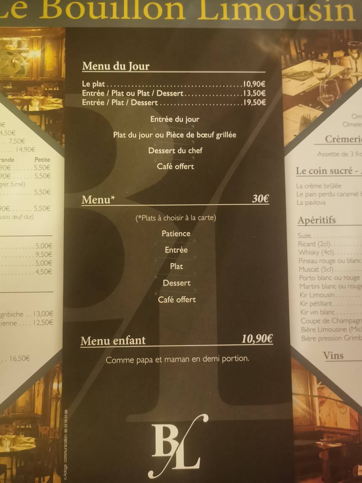 Menu au Le Bouillon Limousin restaurant, Limoges
