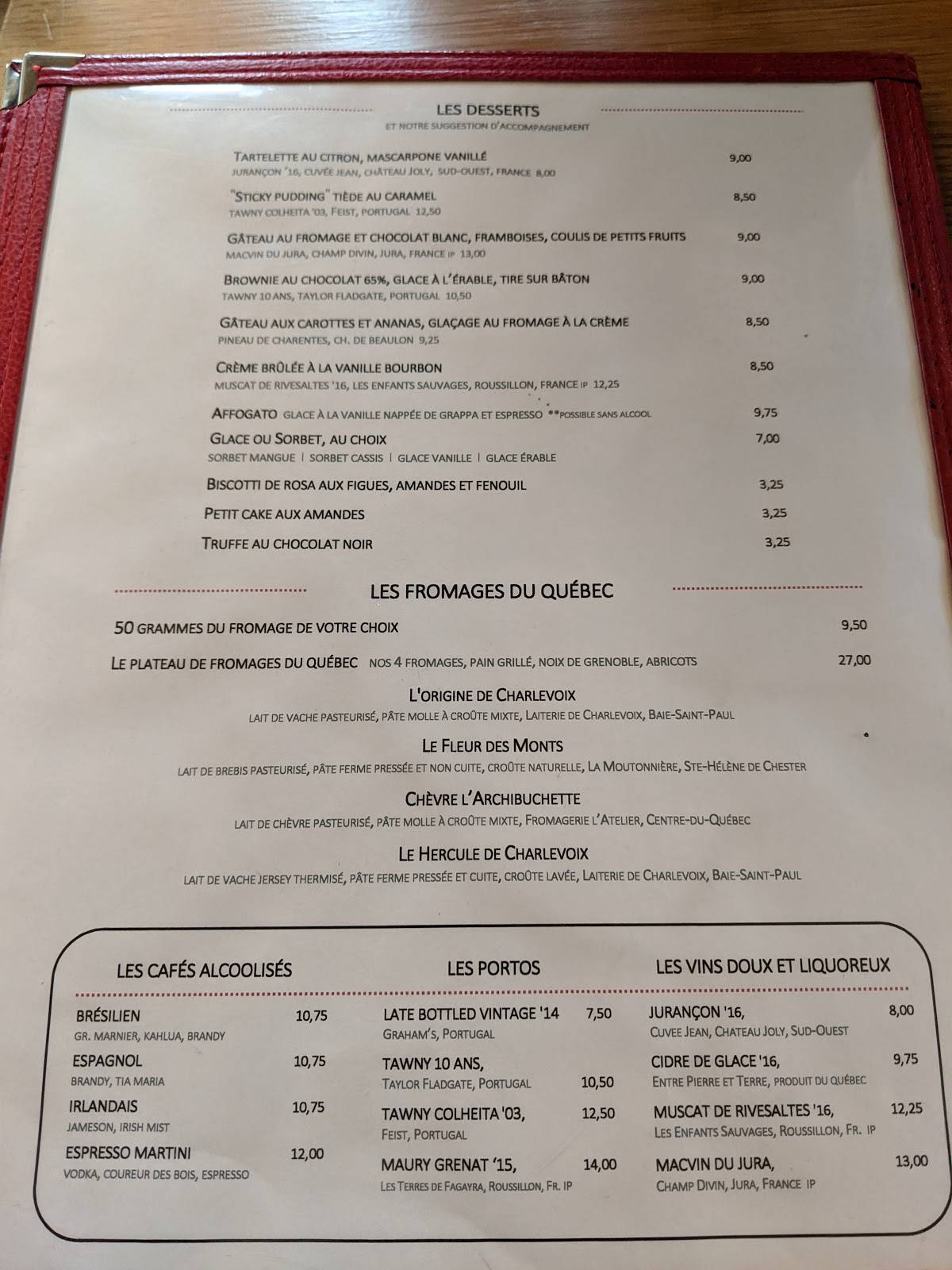 Menu au Cafe du Nouveau Monde, Montréal