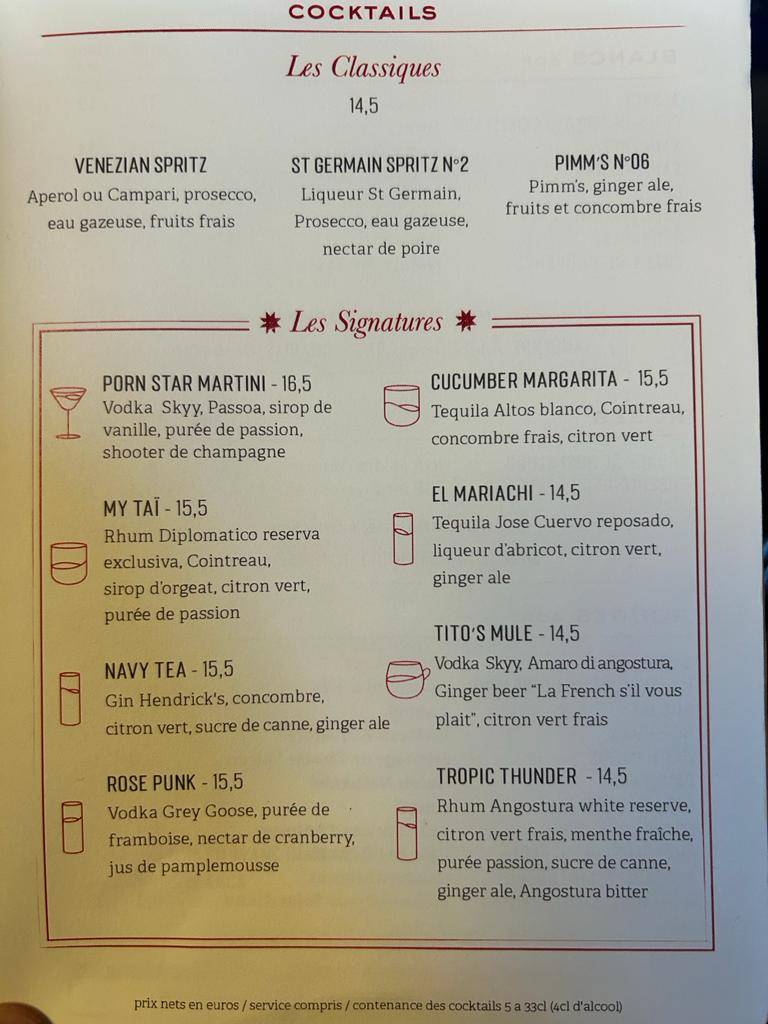 Menu at Le Central pub & bar, Paris, 40 Rue Cler