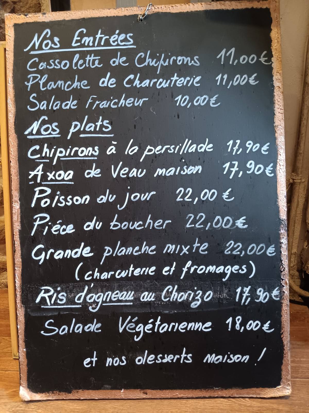 Menu au Le Chat Perché restaurant, Saint-Jean-Pied-de-Port