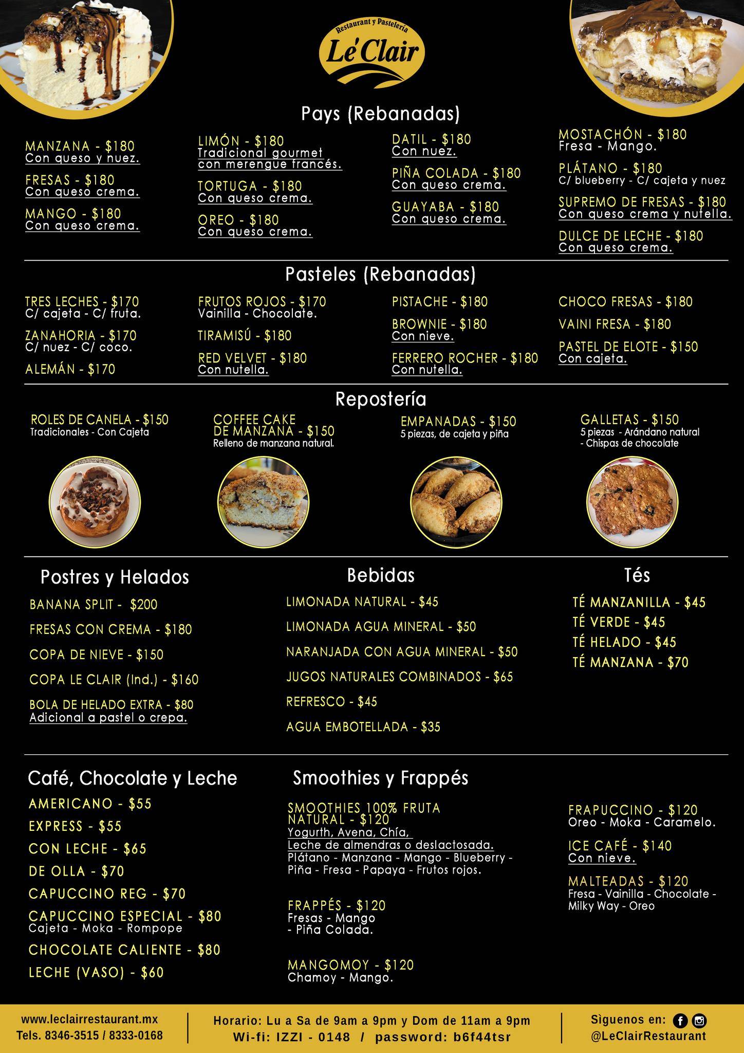 Carta de Le Clair Restaurant: Cafetería, Restaurant y Pastelería en ...