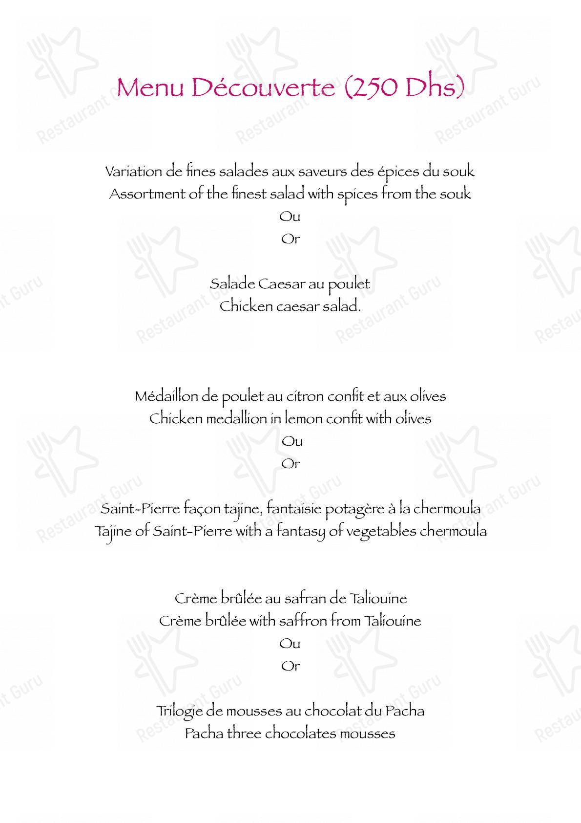 Menu au Le Comptoir du Pacha restaurant, Marrakech