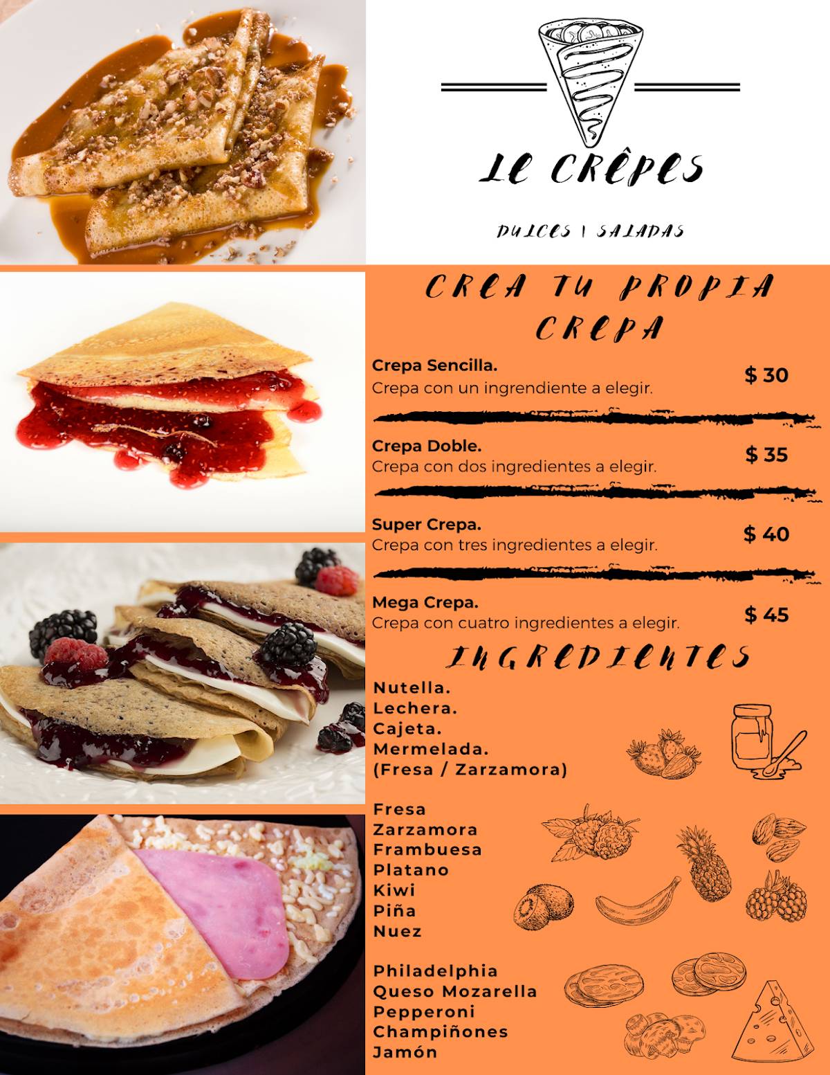 Carta del postres Le Crepes, Guadalajara