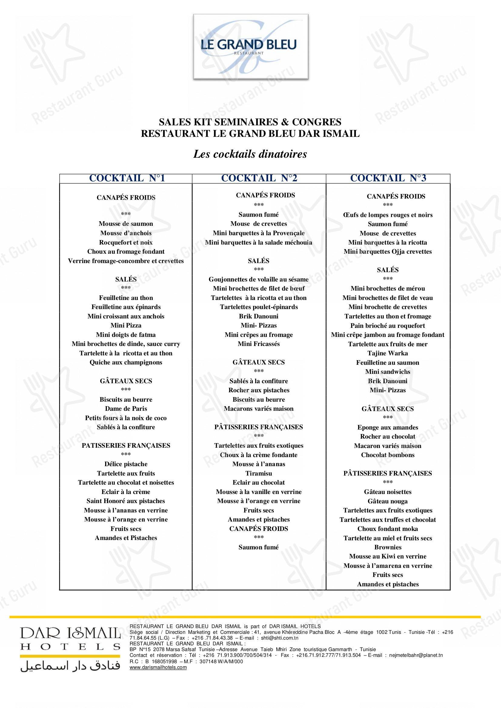 Menu au Le Grand Bleu restaurant, Gammarth, Av. Taieb Mhiri