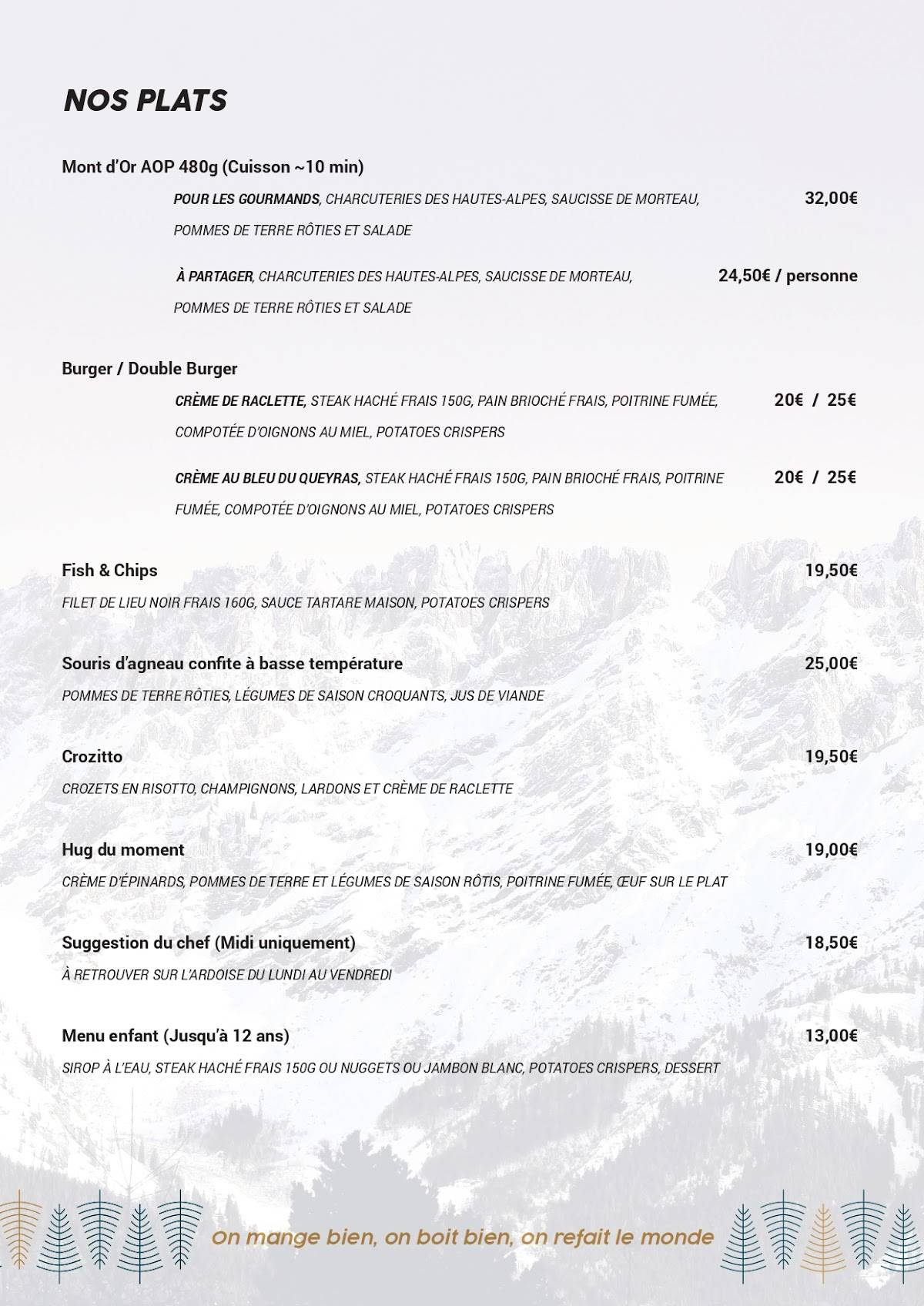 Menu au Le Hug restaurant, Les Orres
