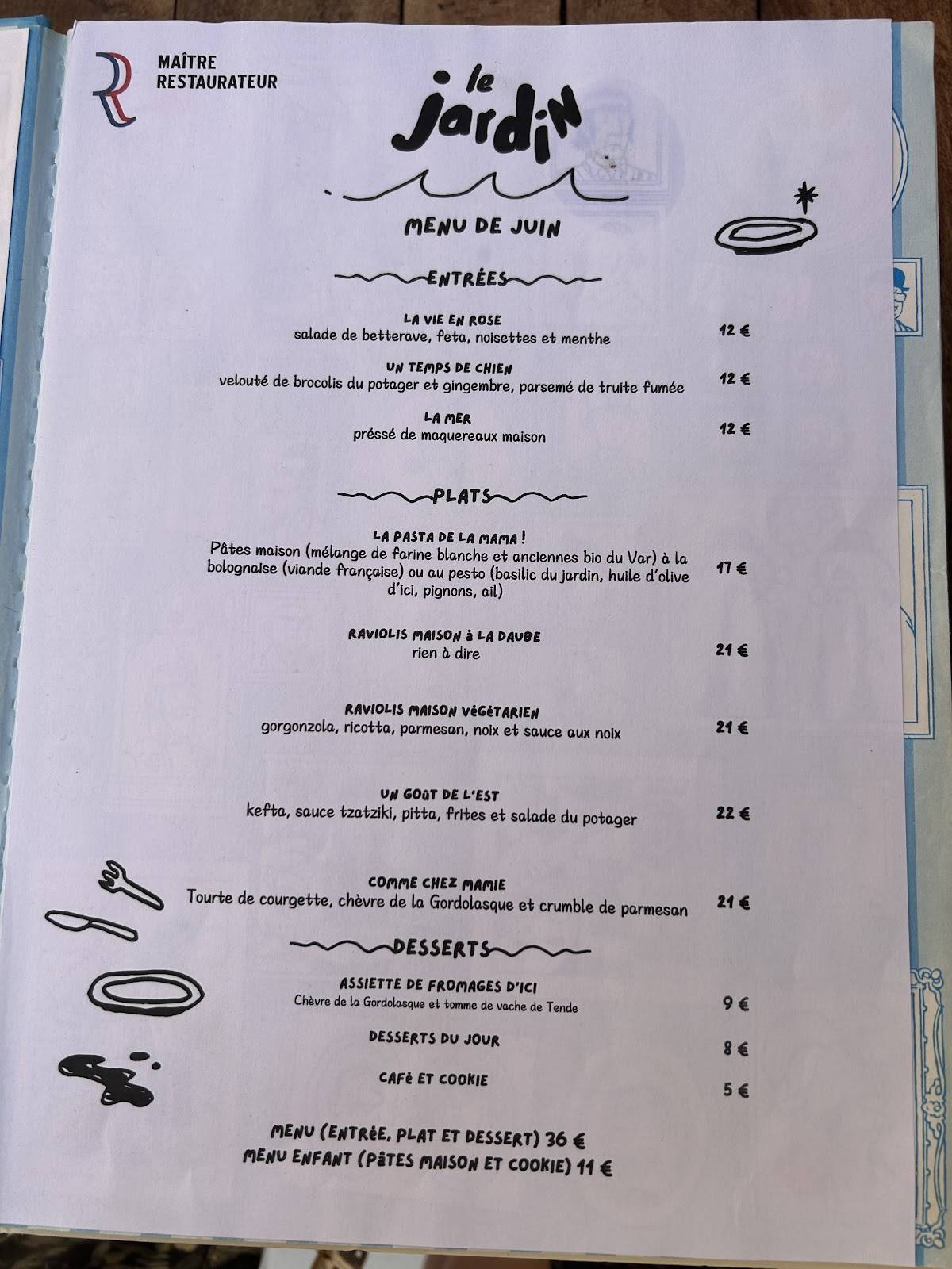 Menu au Le Jardin restaurant, Levens