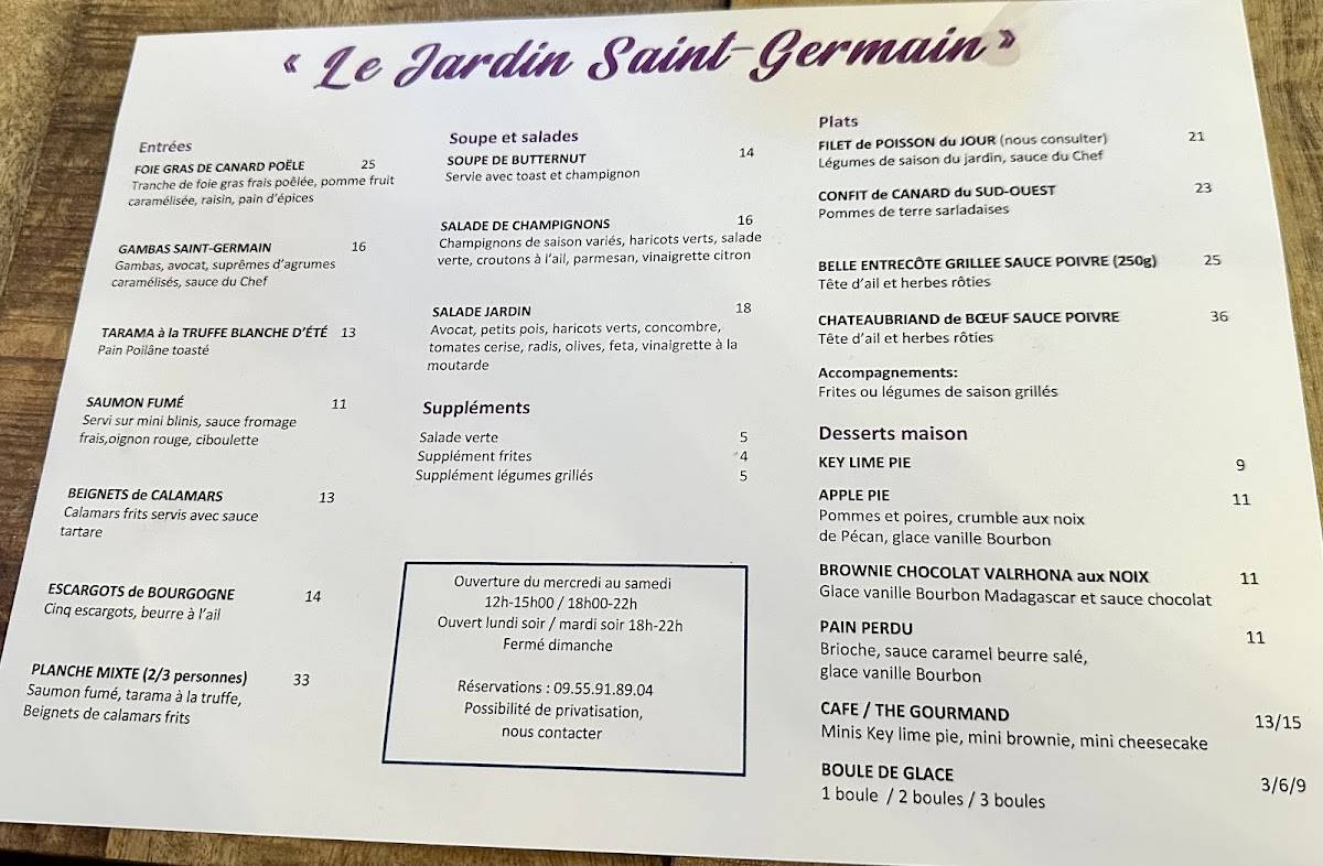 Menu at Le Jardin Saint-Germain restaurant, Paris