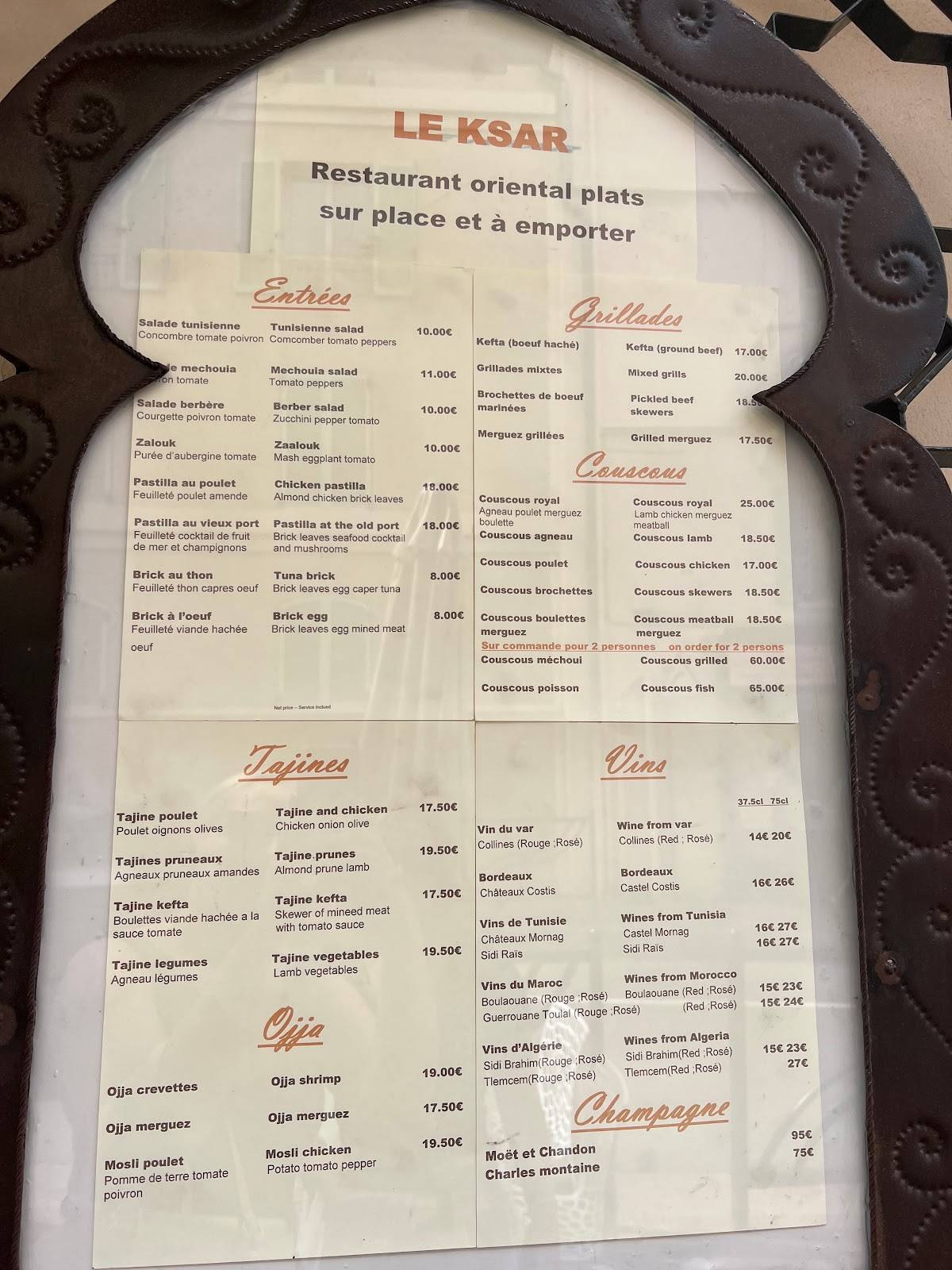 Menu au Le Ksar restaurant, Cannes