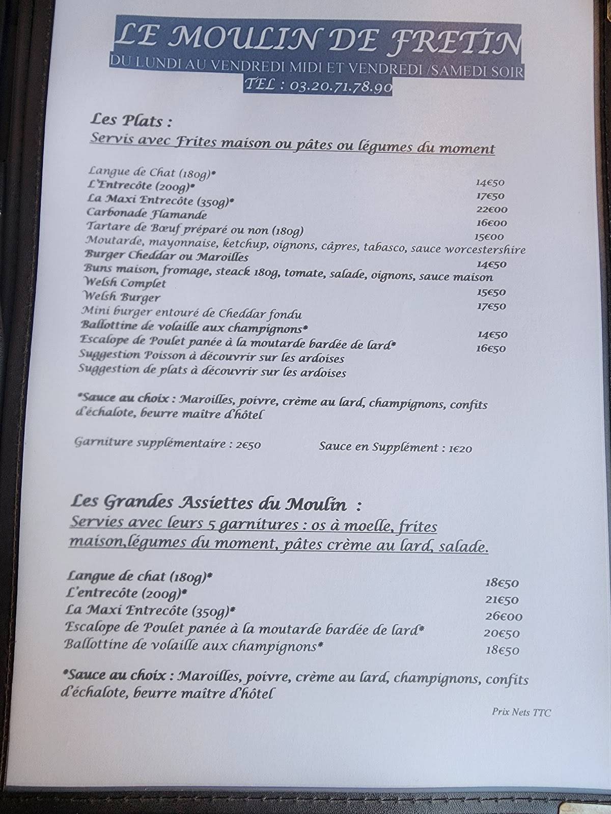 Menu au Le Moulin de Fretin restaurant, Fretin