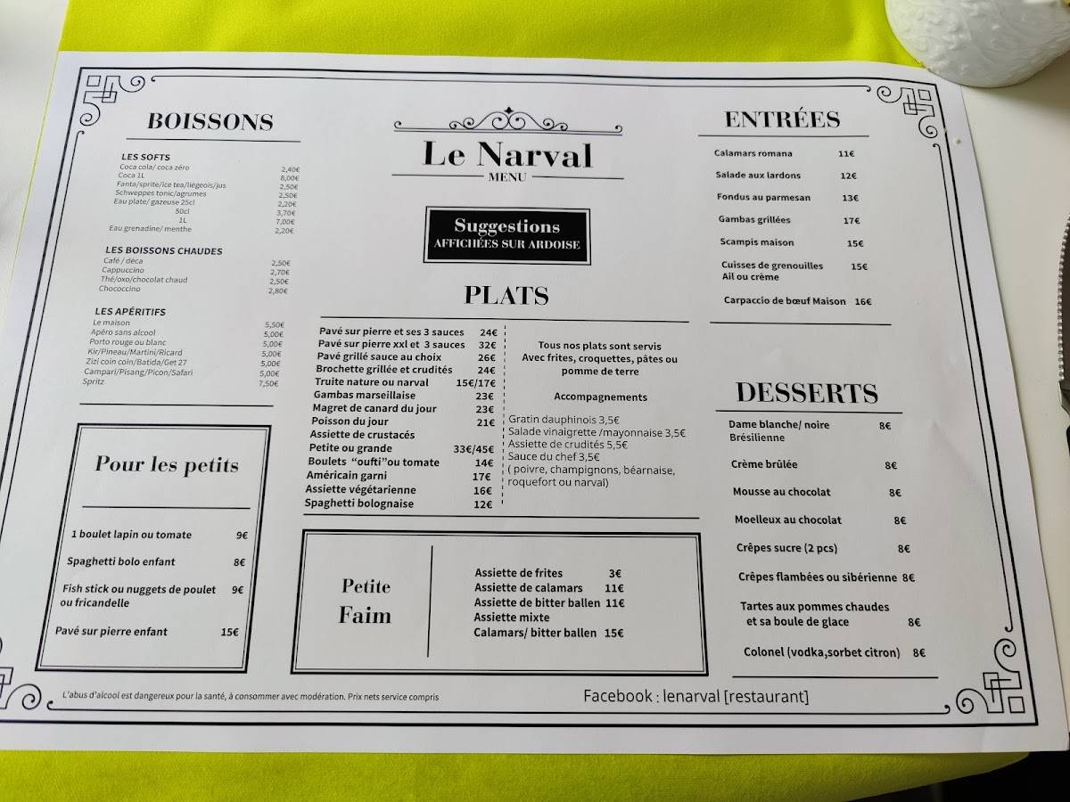 Menu au Le Narval restaurant, Sprimont