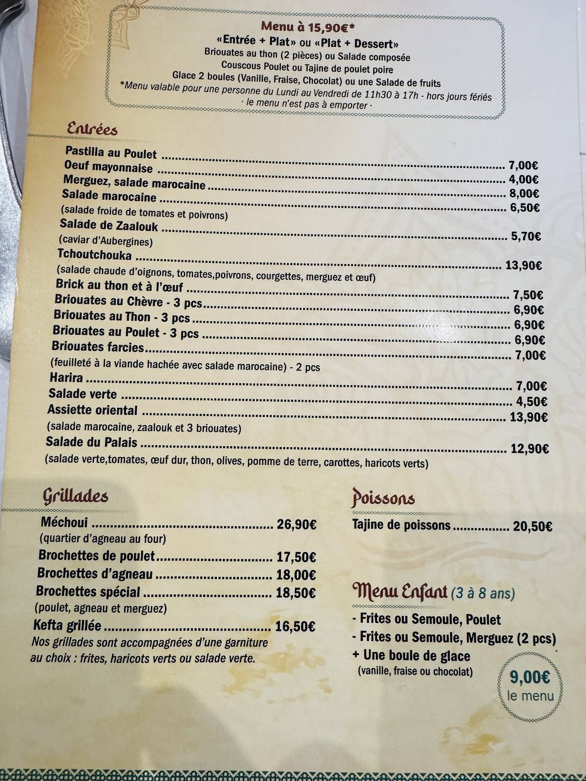Menu au Le Palais du Maroc. restaurant, Créteil