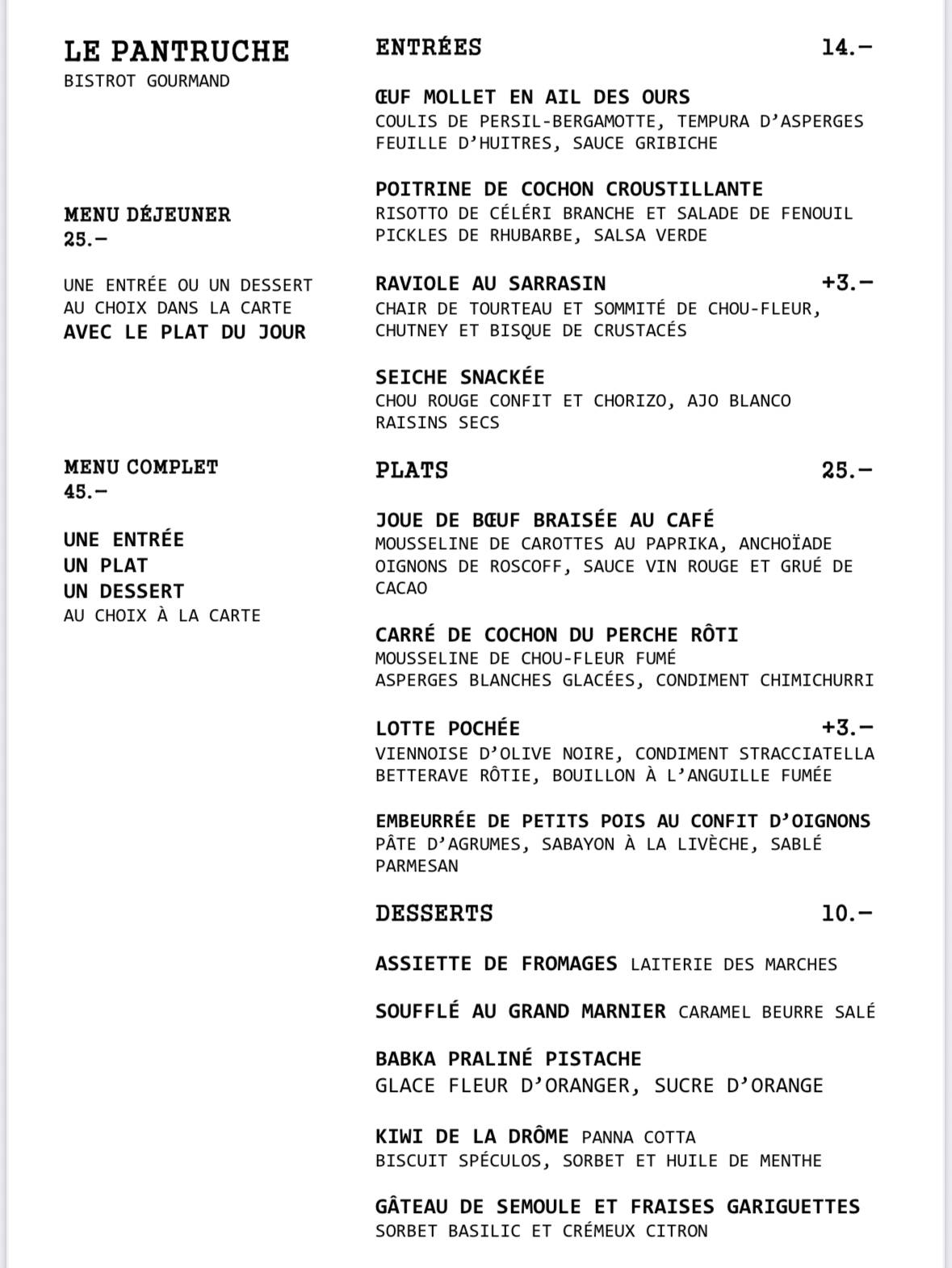 Menu at Le Pantruche restaurant, Paris, 3 Rue Victor Massé