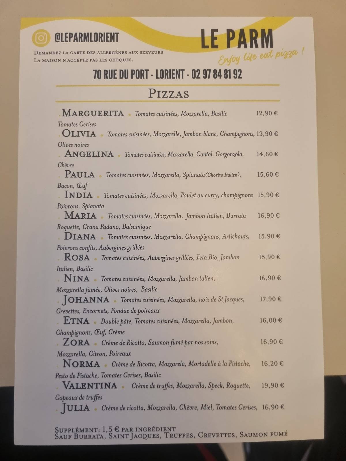 Menu au Le Parm pizzeria, Lorient