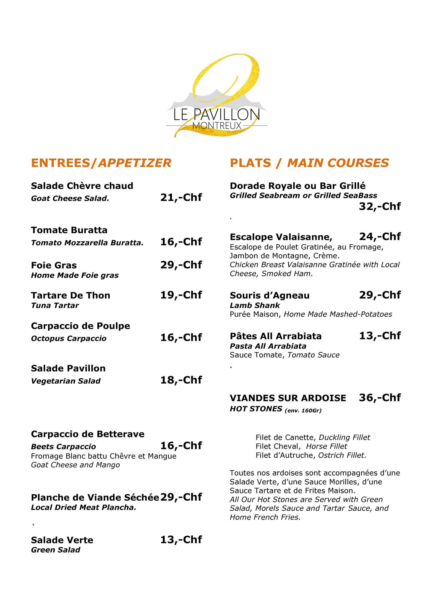 Menu da Le Pavillon 2 Montreux, Montreux