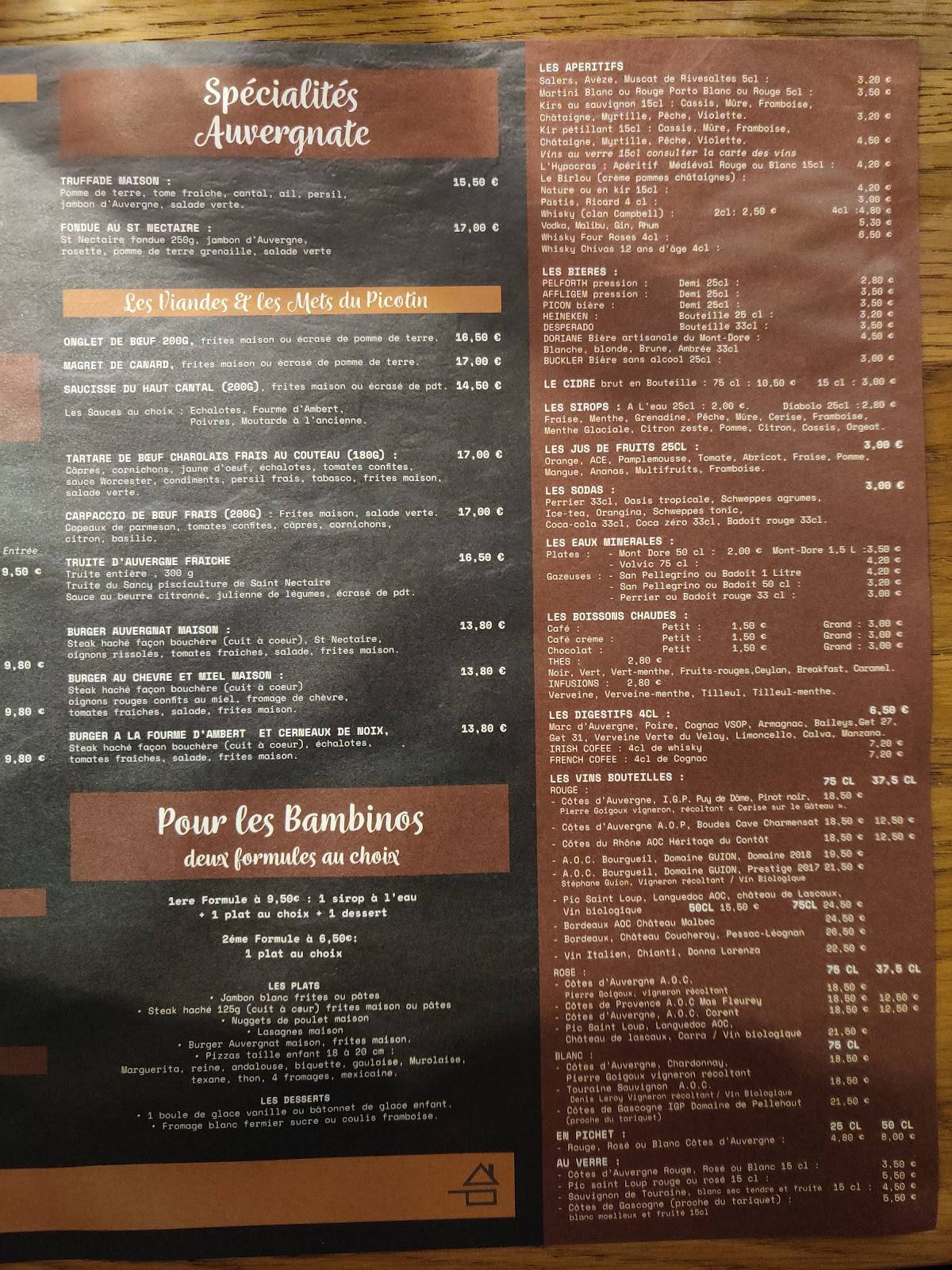 Menu au Le Picotin restaurant, Murol, Rue George Sand