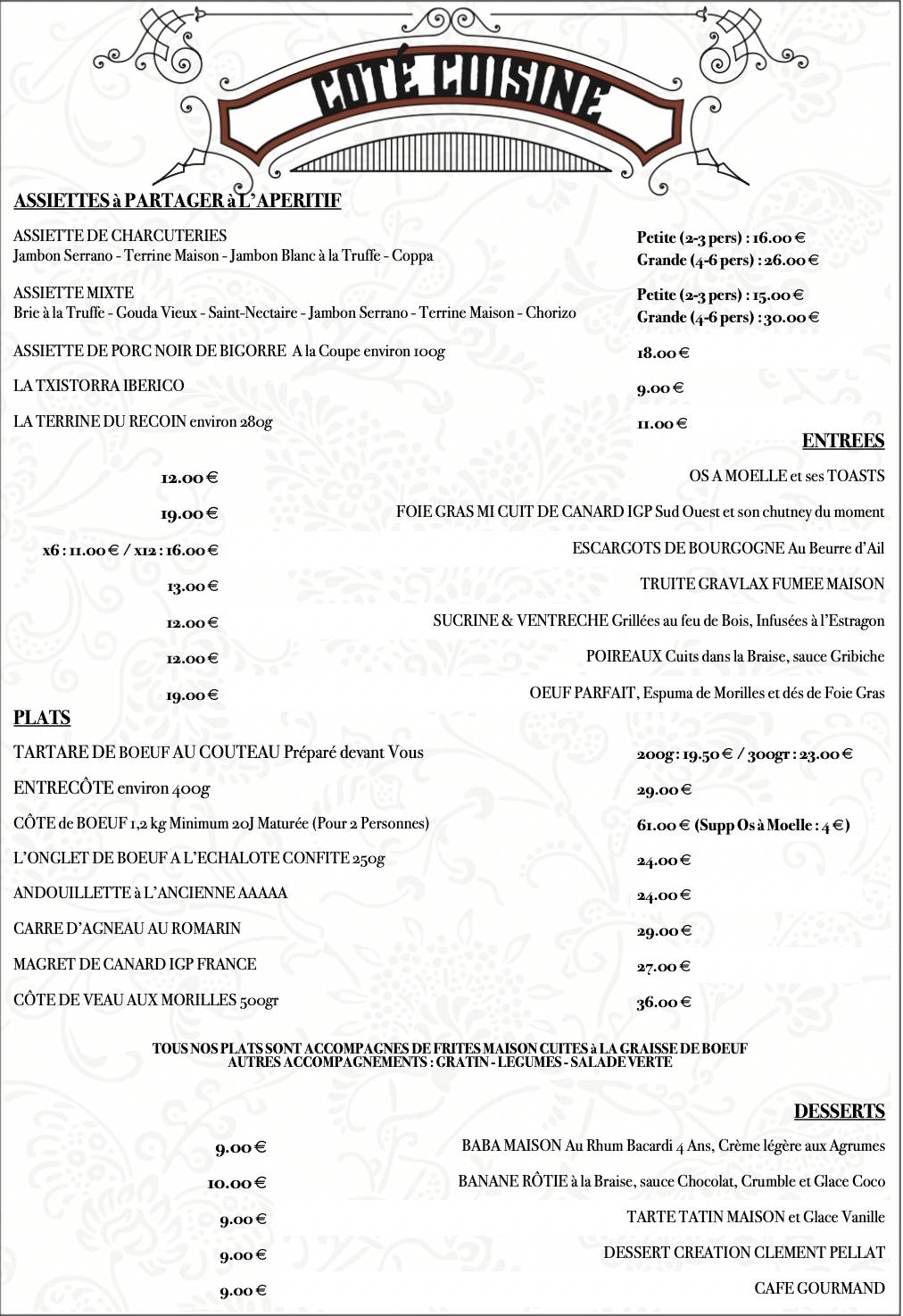Menu at Le Recoin restaurant, Arès