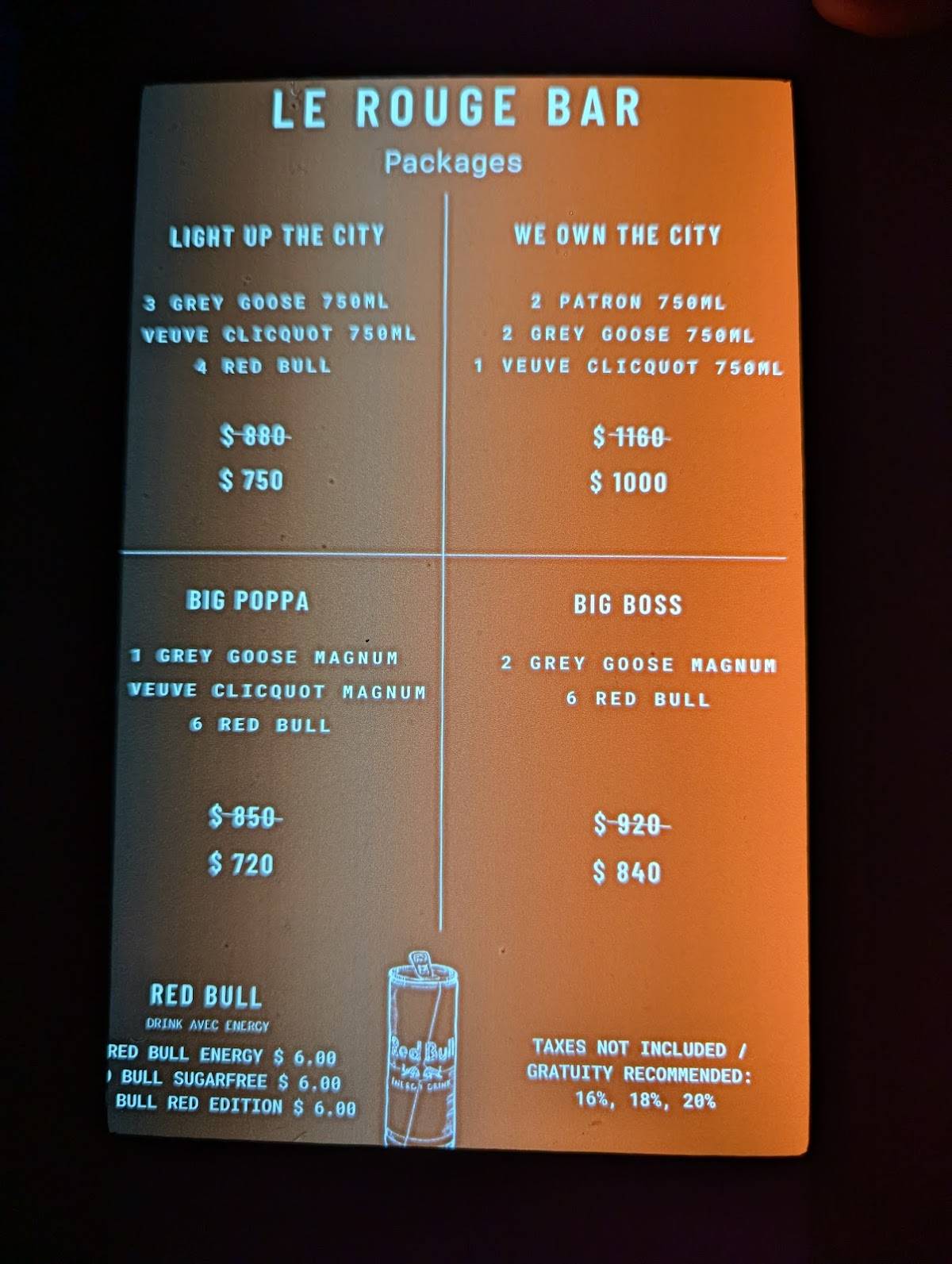 Menu au Le Rouge Bar, Montréal, 7 Ave