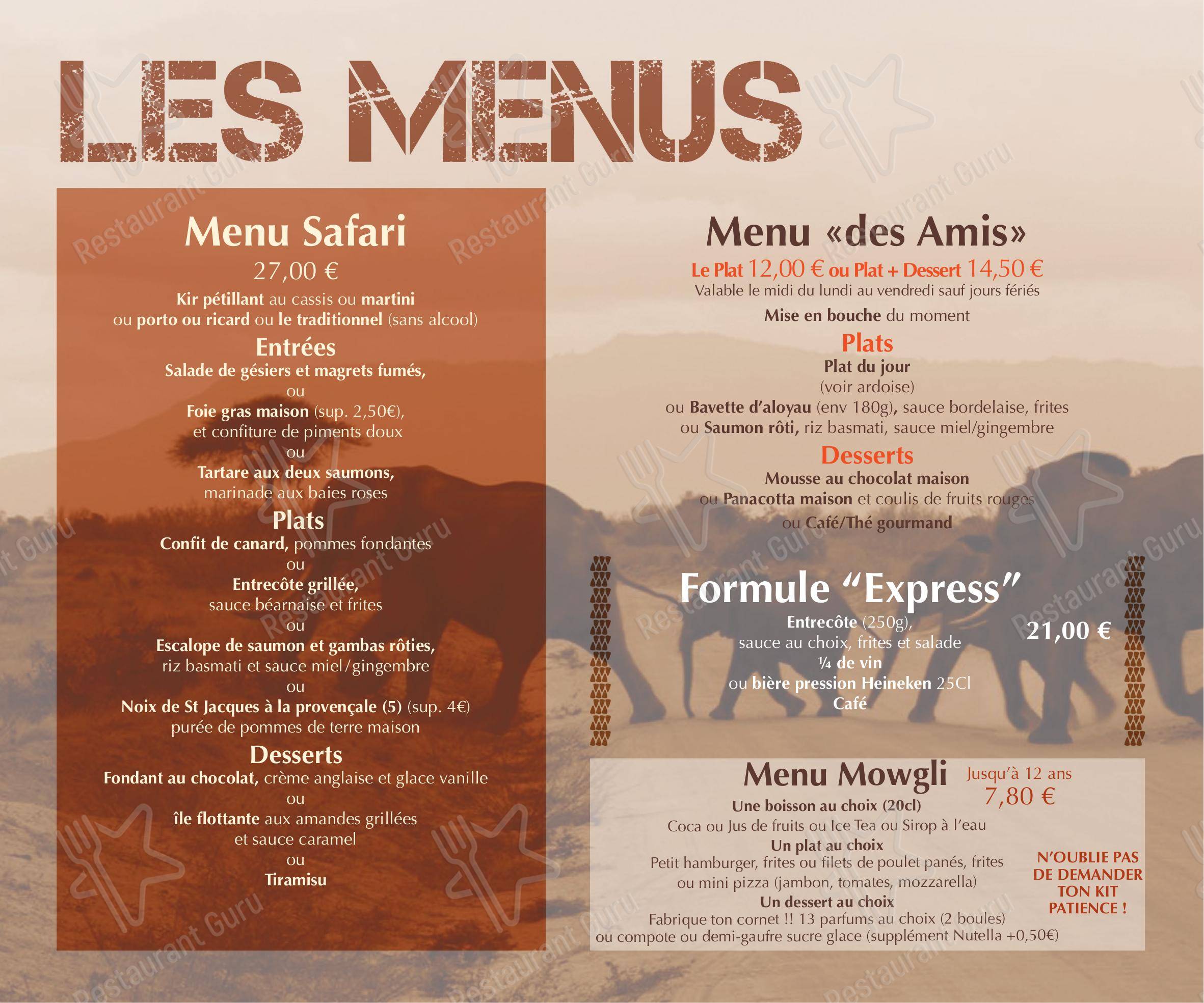 Menu au Le Safari restaurant, Étréchy