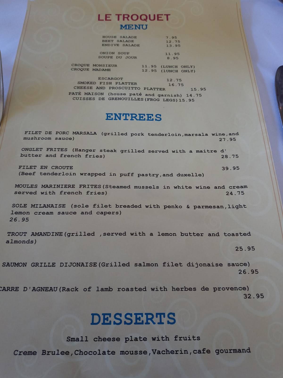 Menu at Le Troquet restaurant, Albuquerque