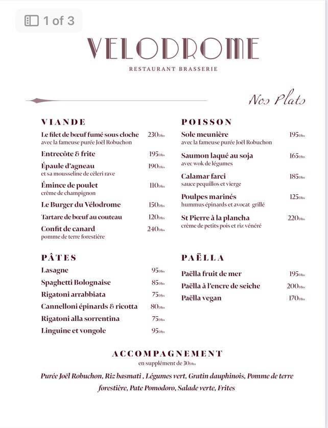 Menu at LE VELODROME restaurant, Casablanca
