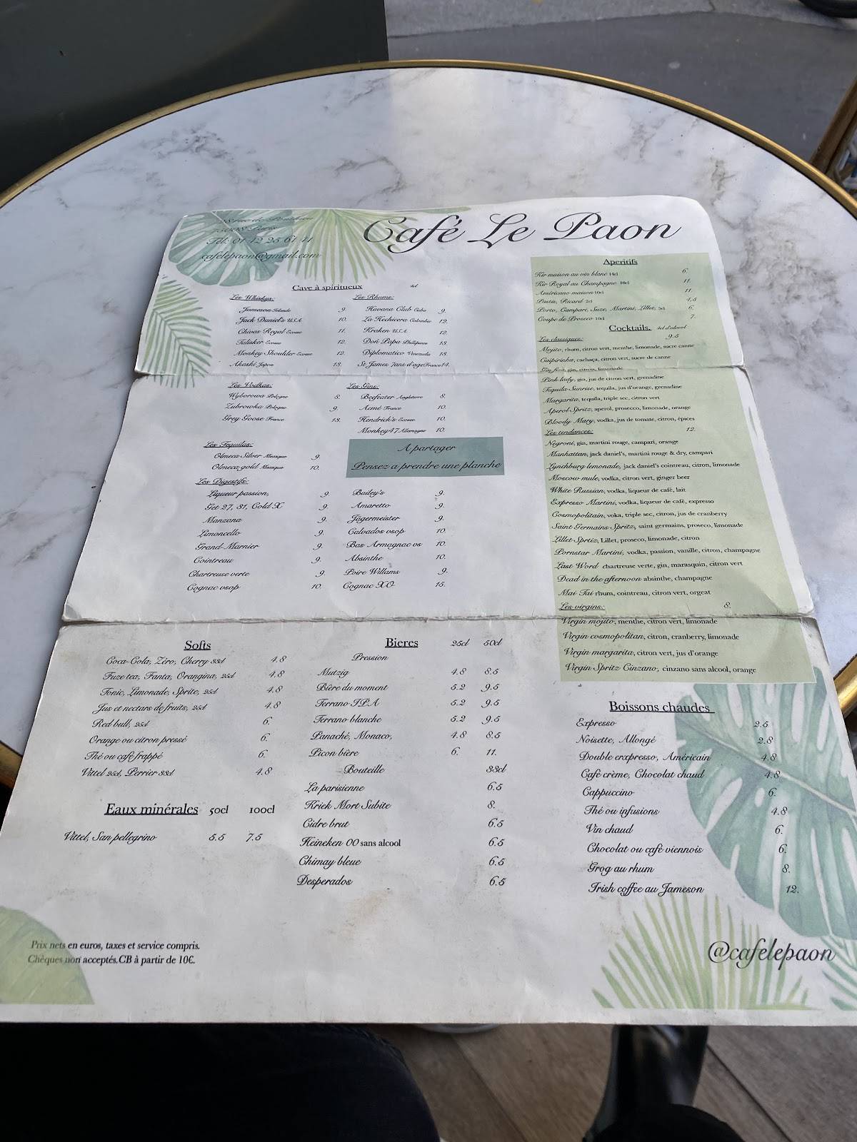 Menu au Café le Paon, Paris