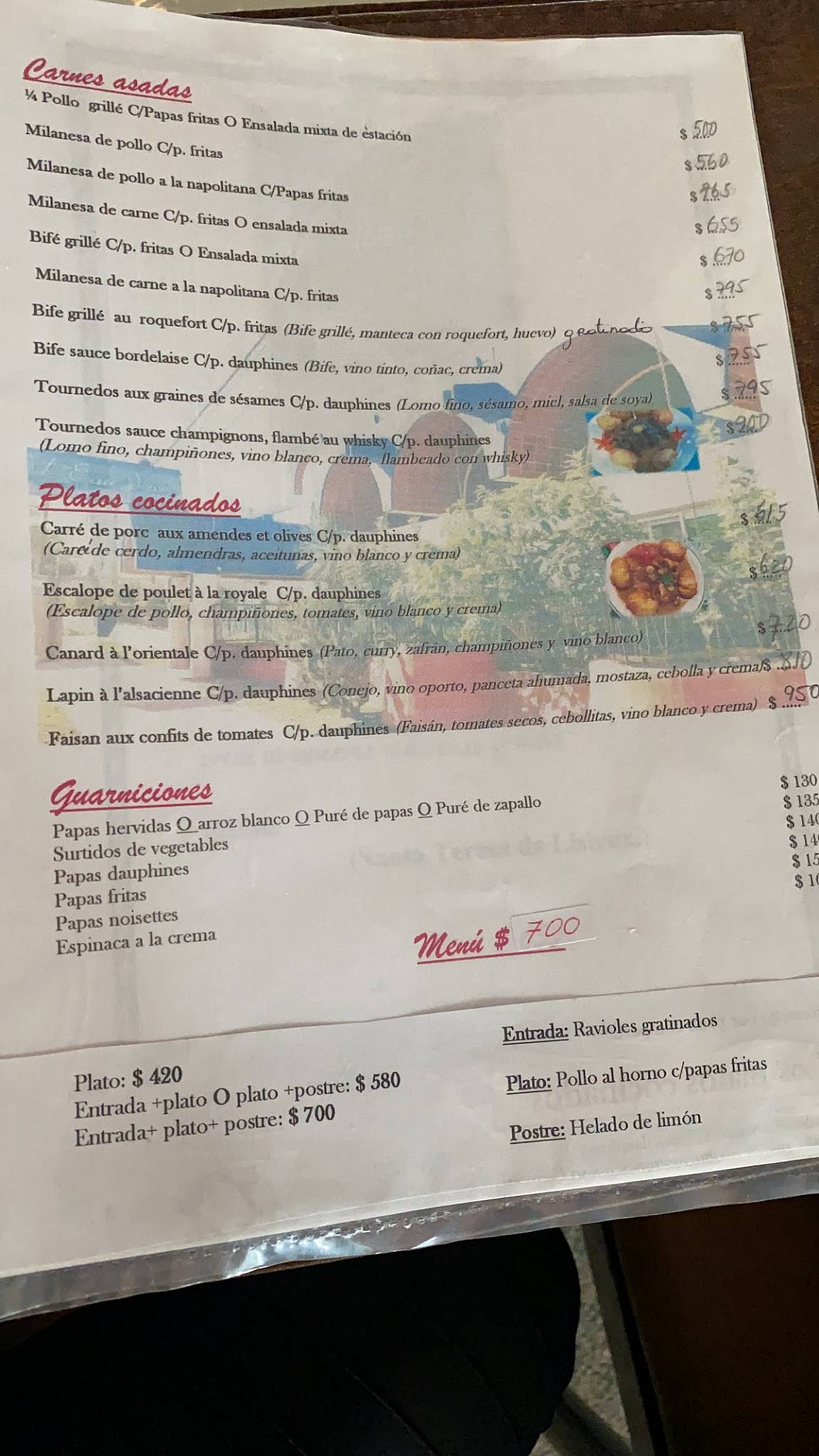 Carta del restaurante L'eau Vive del Argentina, Luján