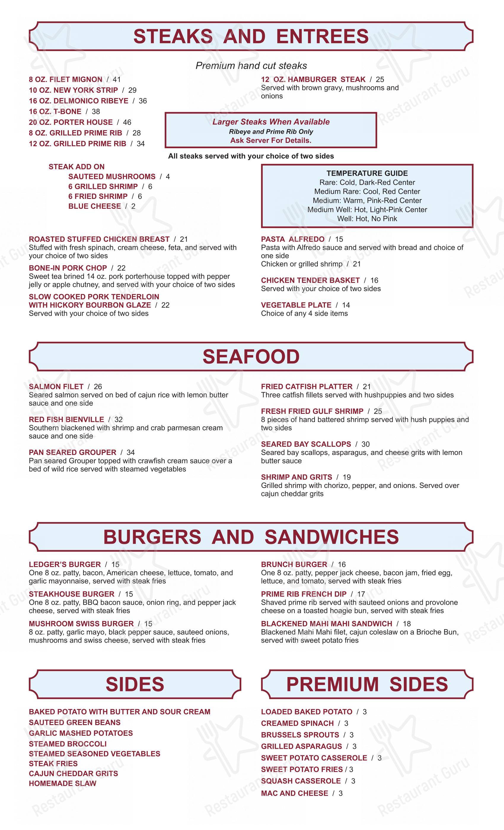 Menu at Ledger's Steakhouse and Grille, Cullman