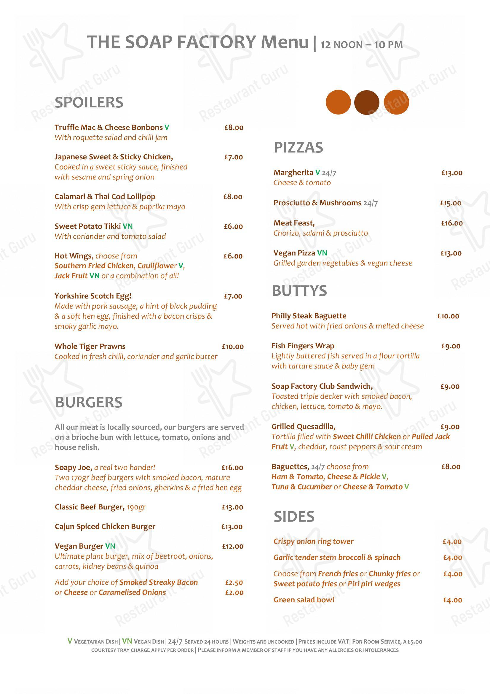 Menu at The Soap Factory pub & bar, Leeds