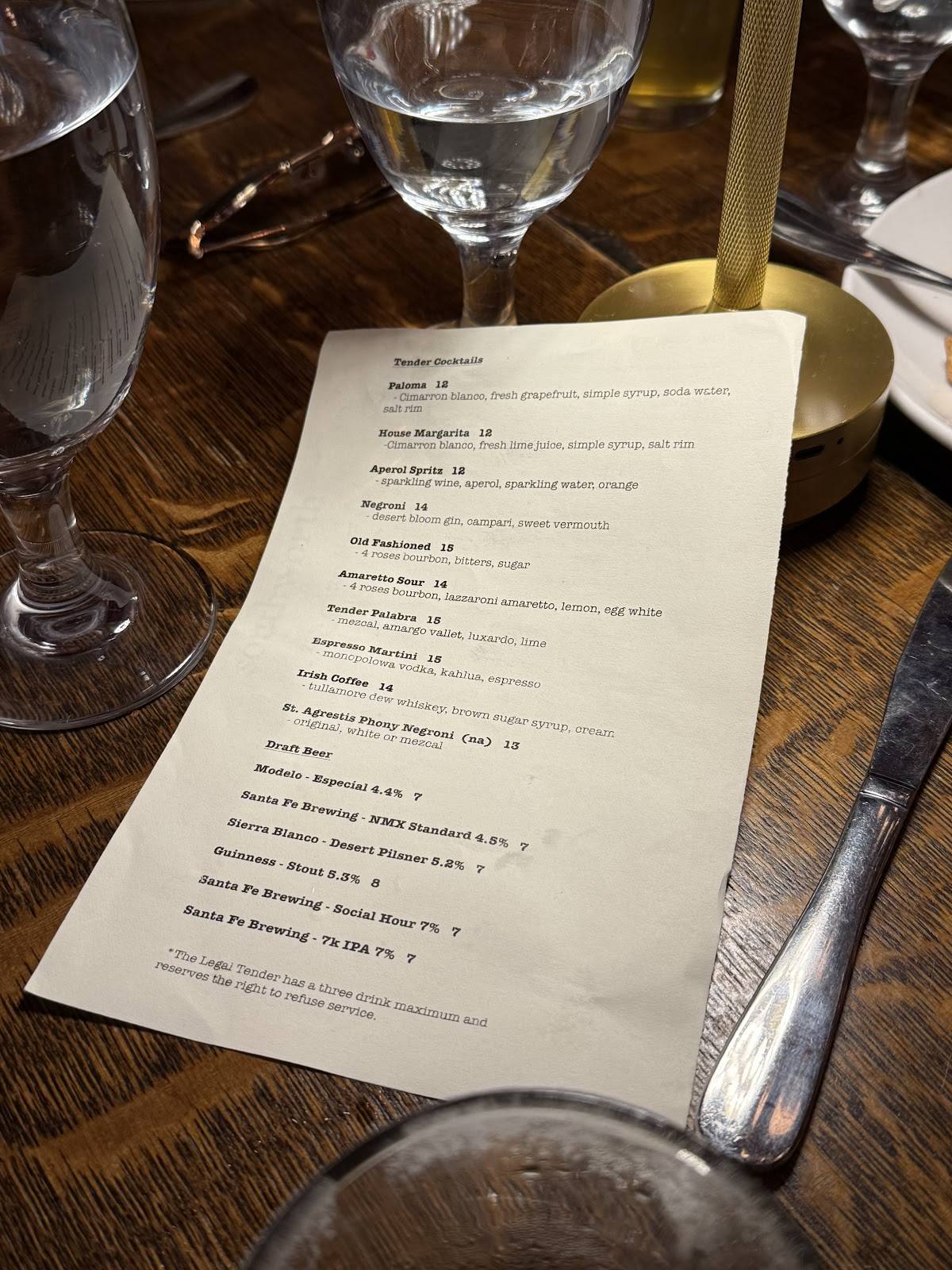 Menu at Legal Tender Saloon & Eating House pub & bar, Lamy, 151 Old ...