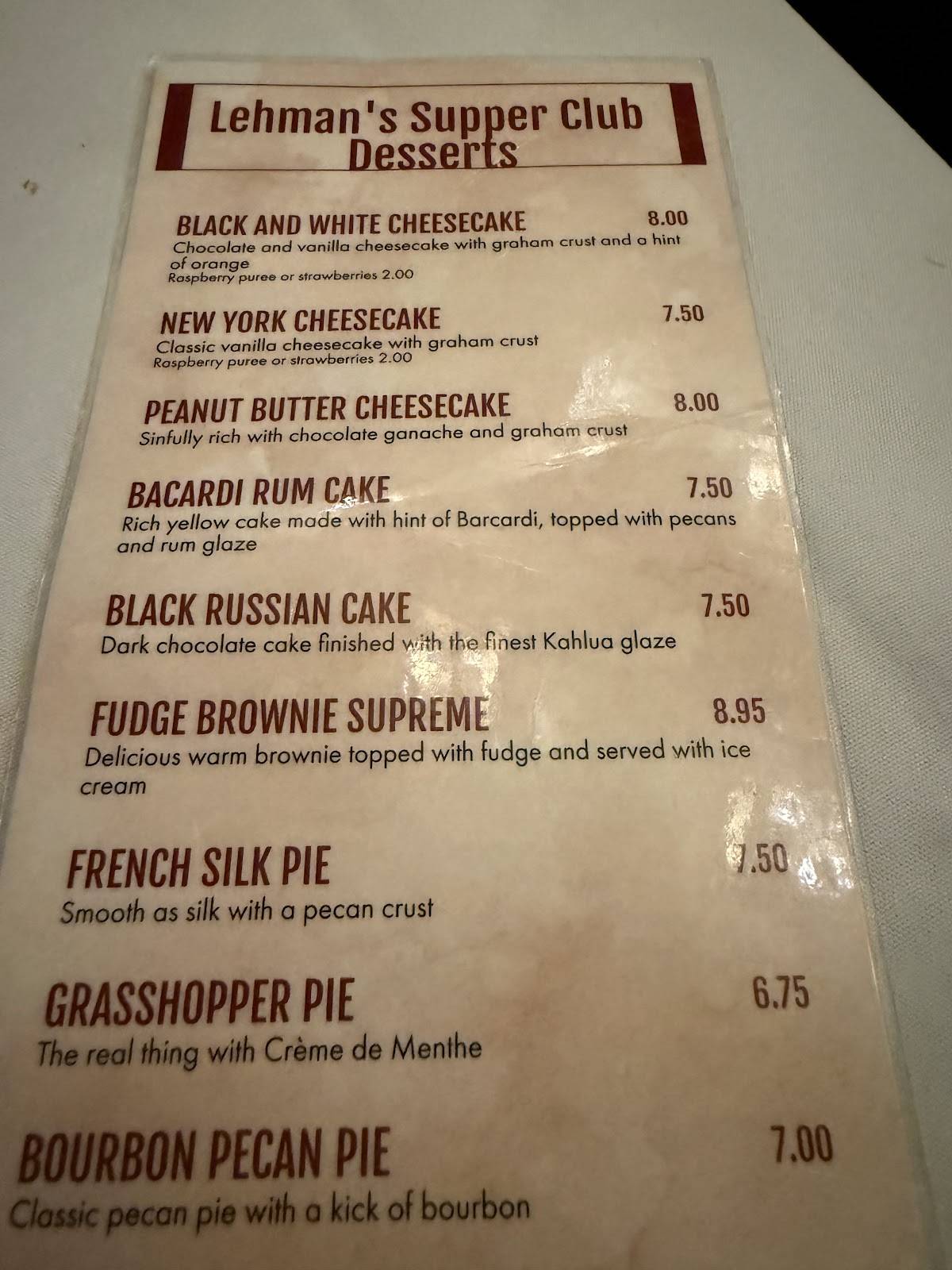 Menu at Lehman's Supper Club, Rice Lake