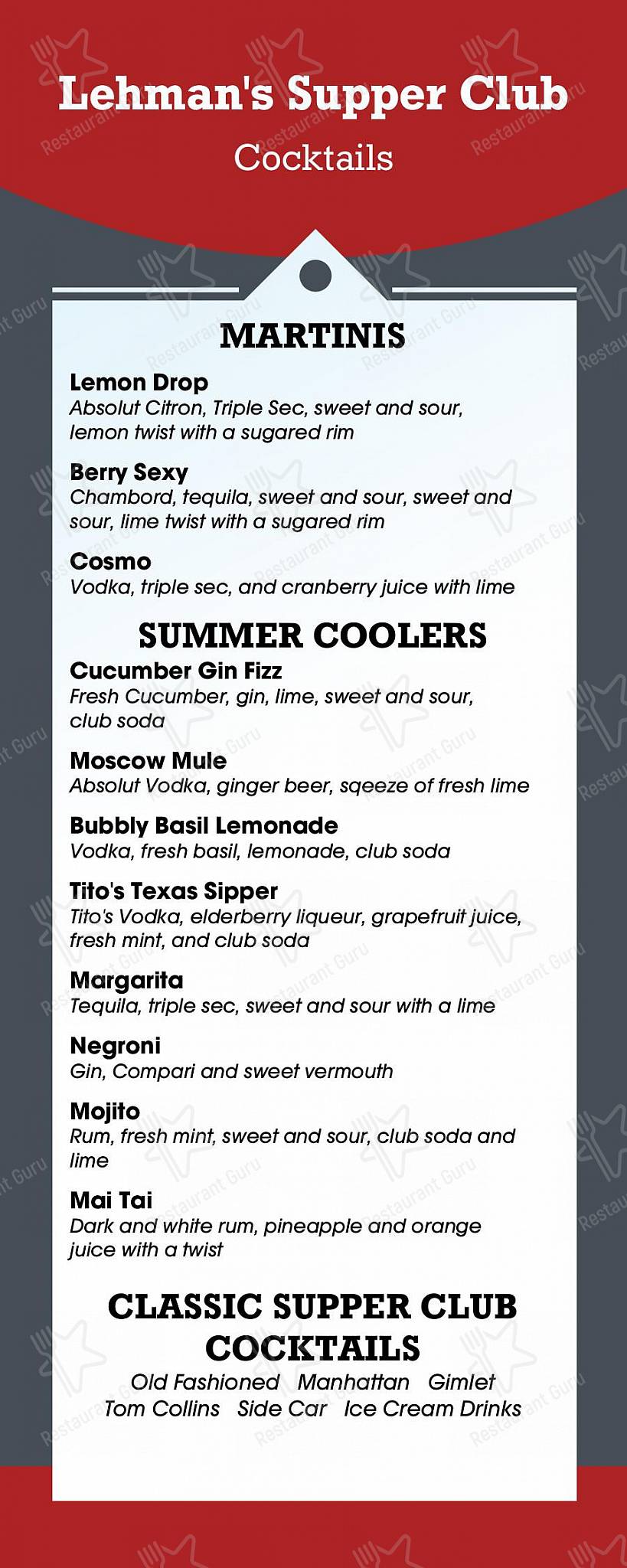 Menu at Lehman's Supper Club, Rice Lake