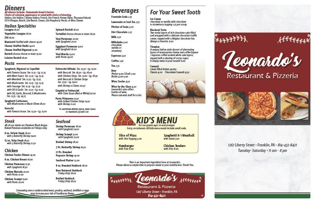 Menu at Leonardo's Restaurant, Franklin