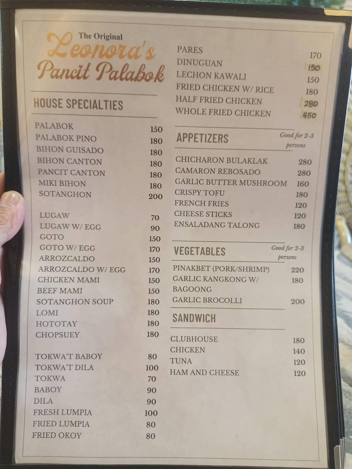 Menu at Leonora’s Pancit Palabok restaurant, Quezon City