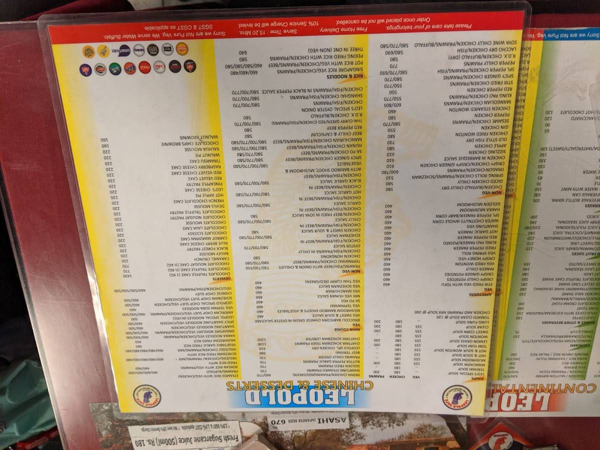 Menu at Leopold Cafe, Mumbai, Police Station