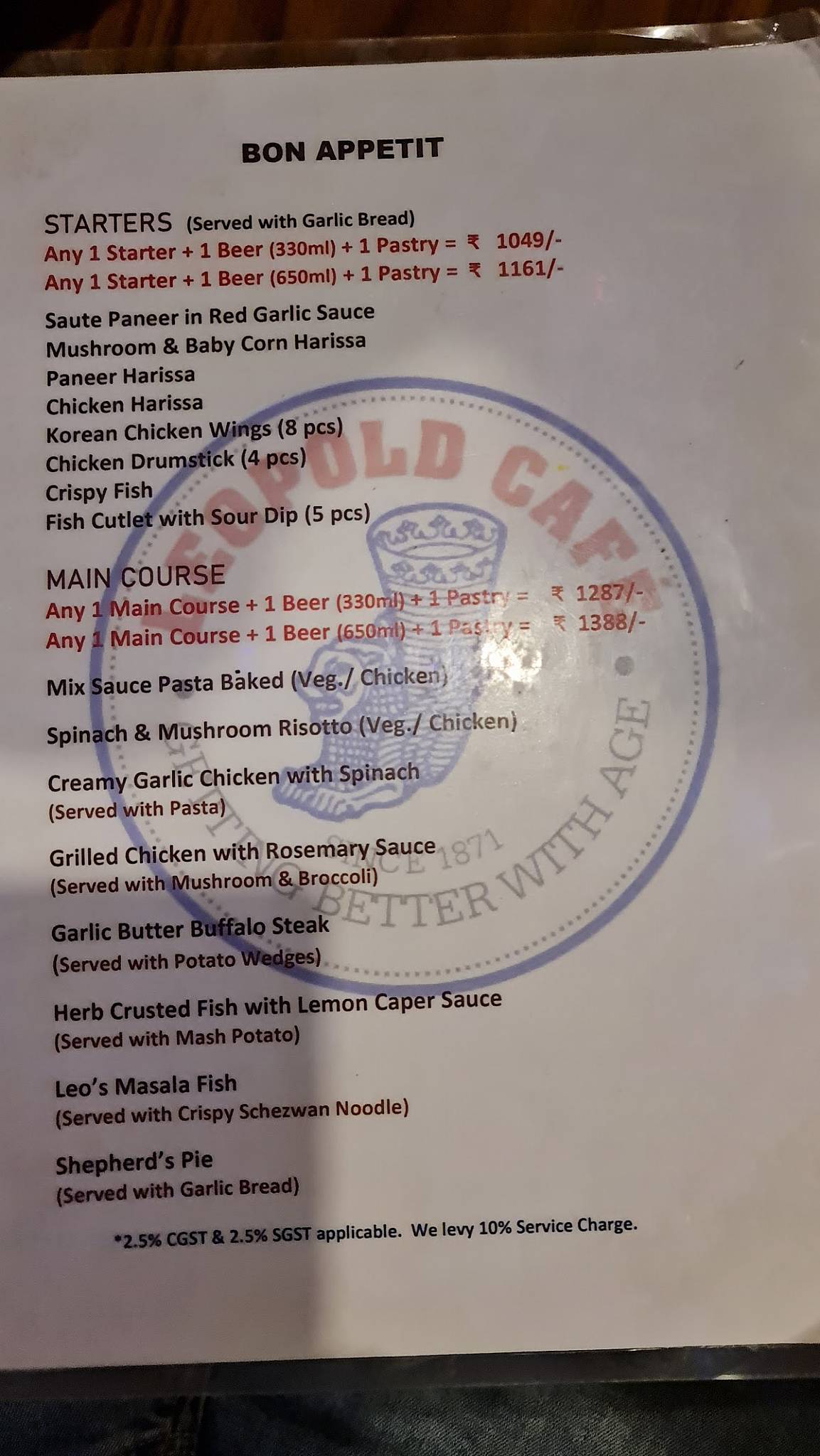 Menu at Leopold Cafe, Mumbai, Police Station