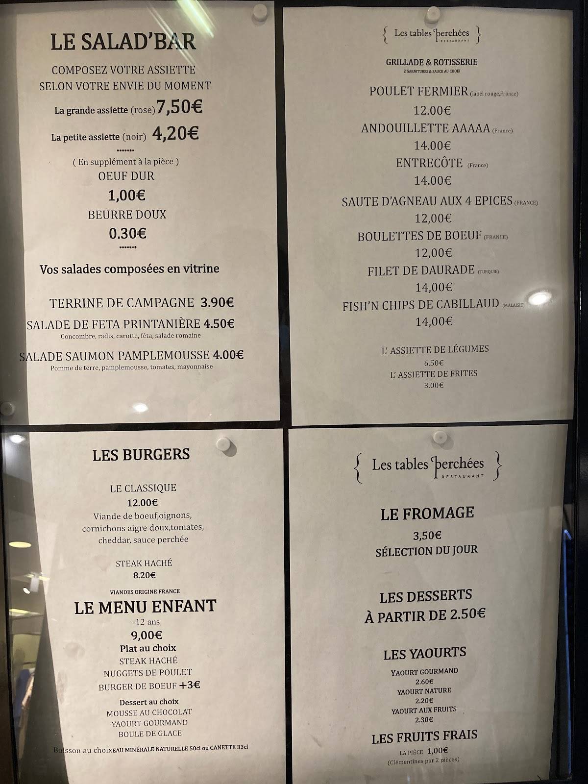 Menu at Les tables perchées restaurant, Paris