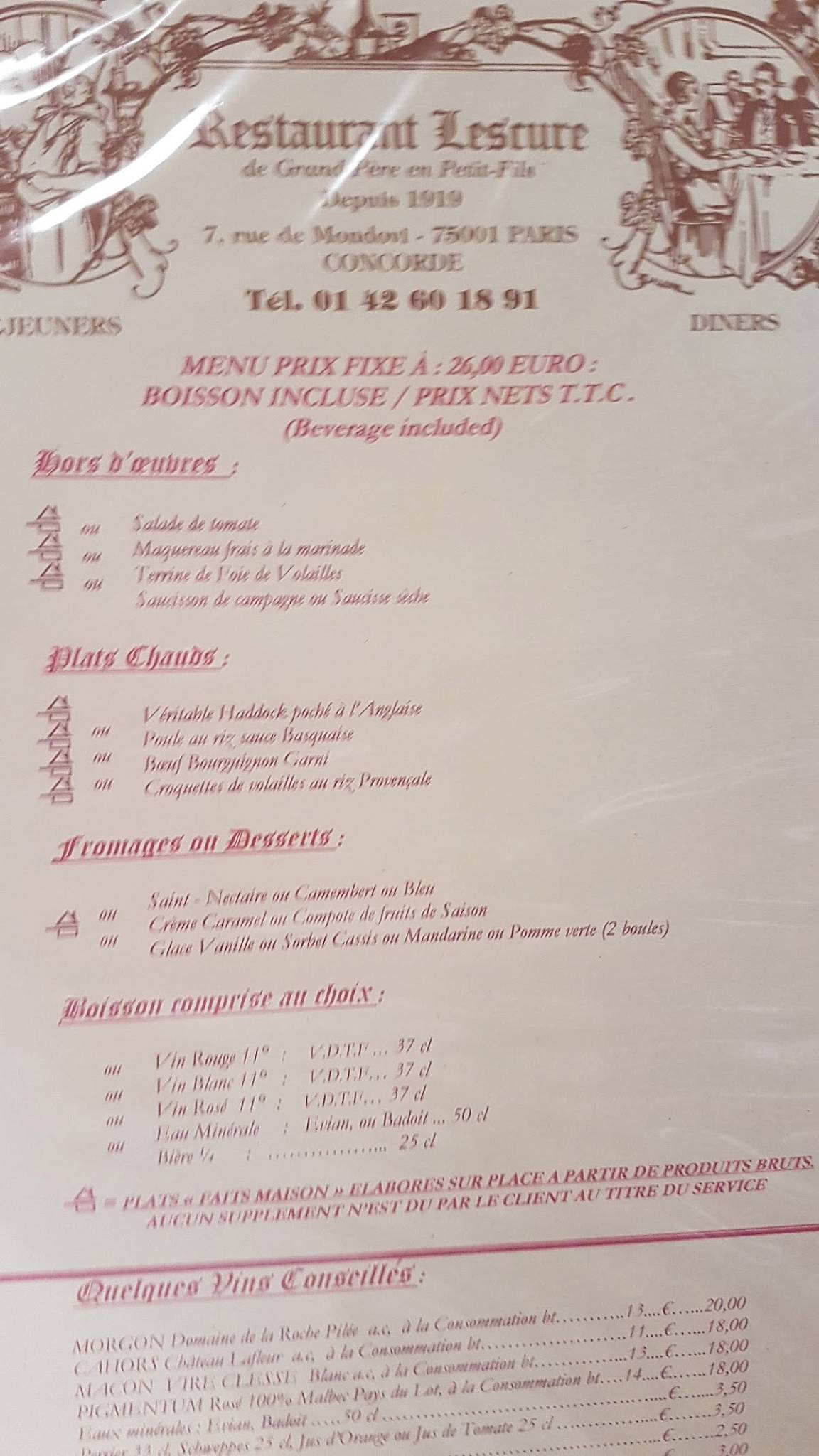 Menu at Lescure restaurant, Paris