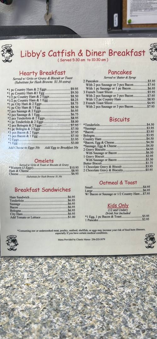 Menu at Libby's Catfish & Diner restaurant, Priceville, AL-67