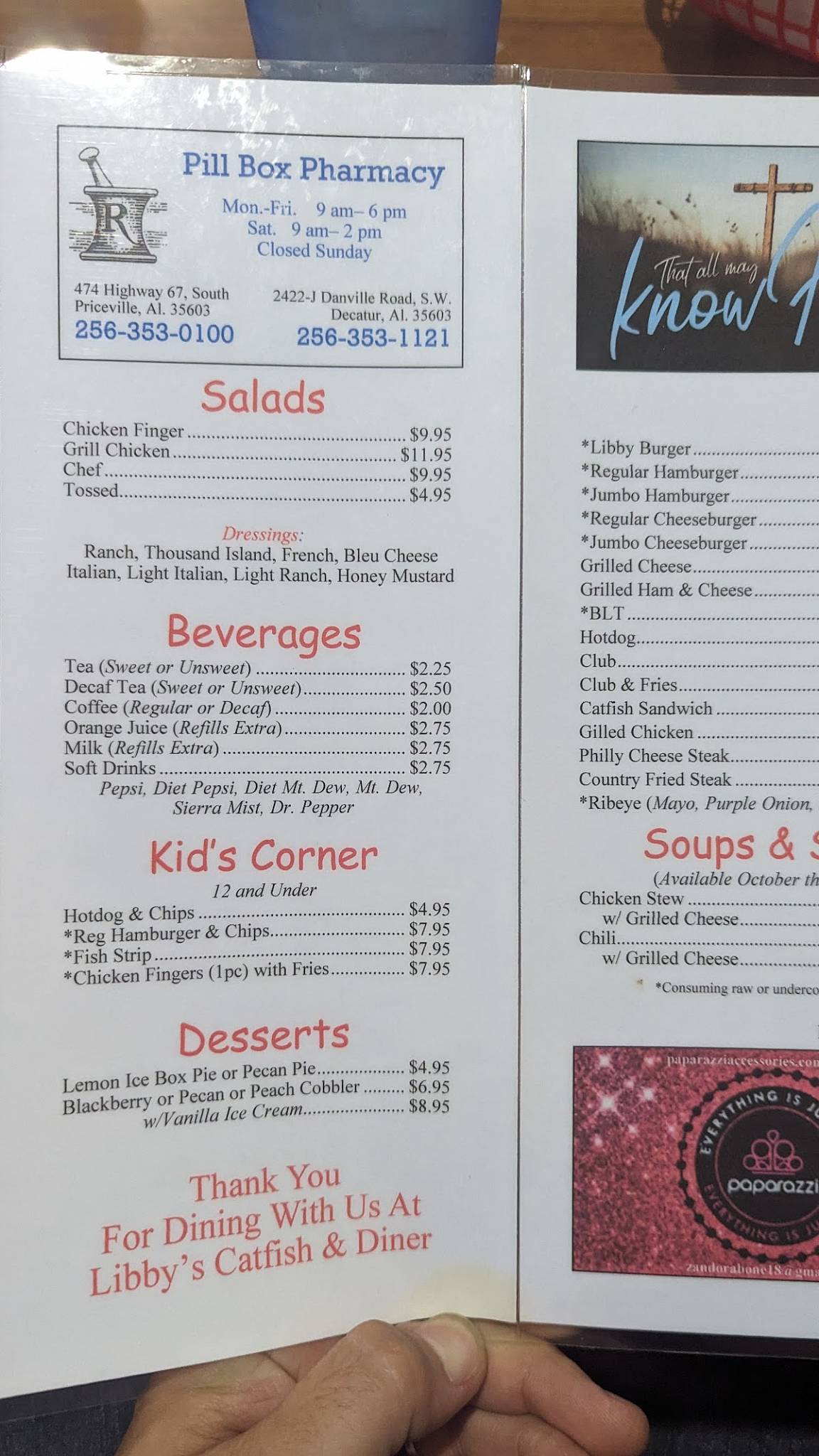 Menu at Libby's Catfish & Diner restaurant, Priceville, AL-67