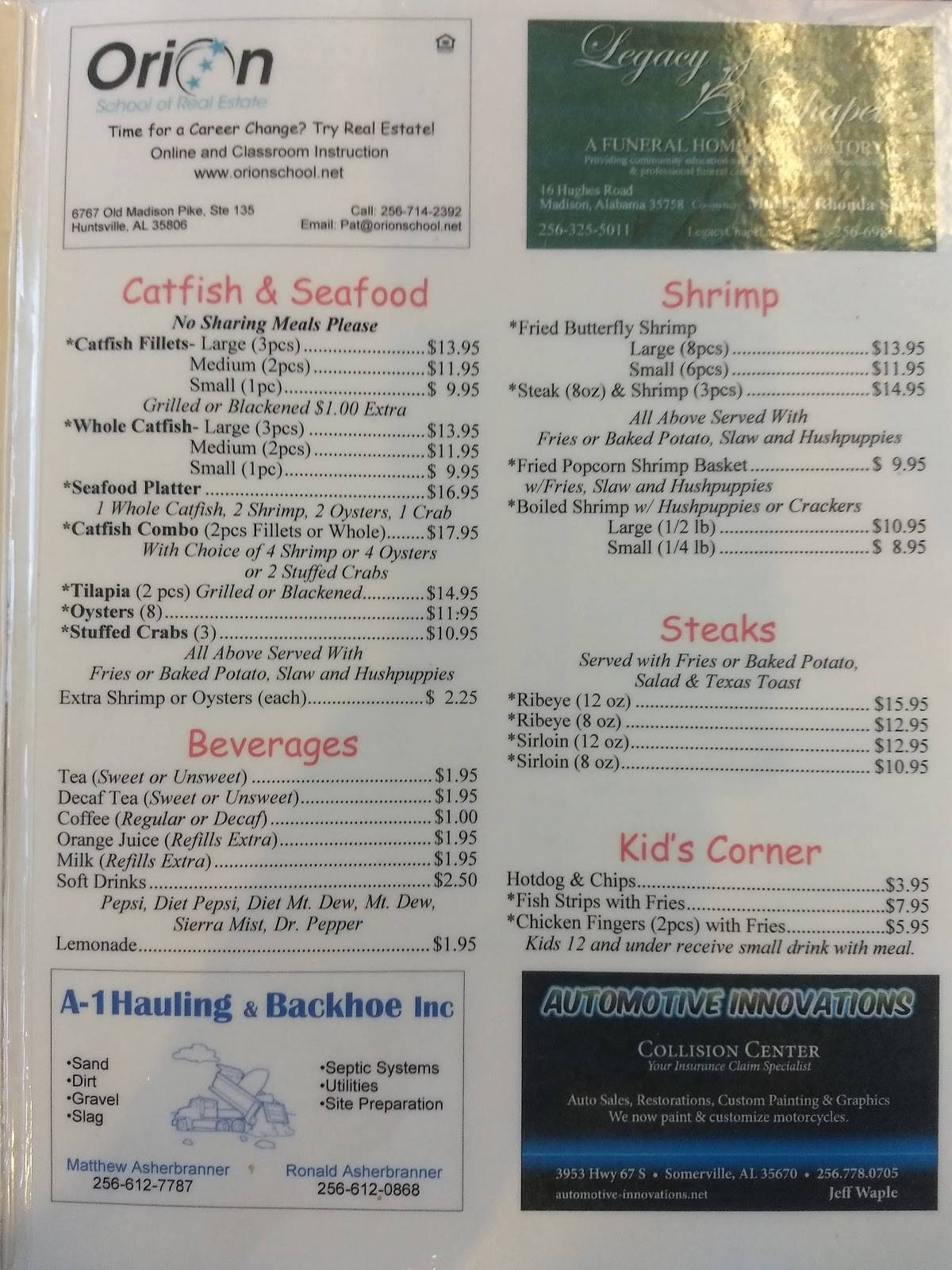 Menu at Libby's Catfish & Diner restaurant, Priceville, AL-67