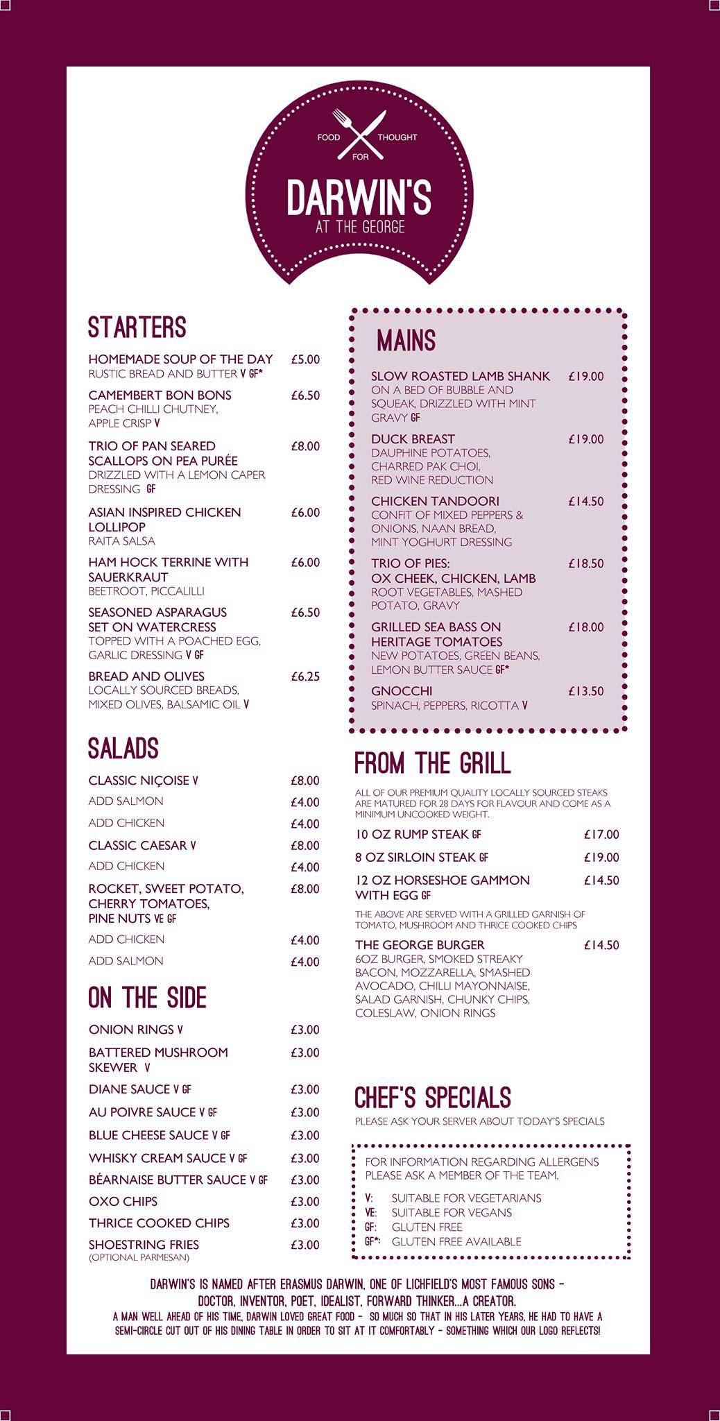 Menu at Darwin's at The George restaurant, Lichfield