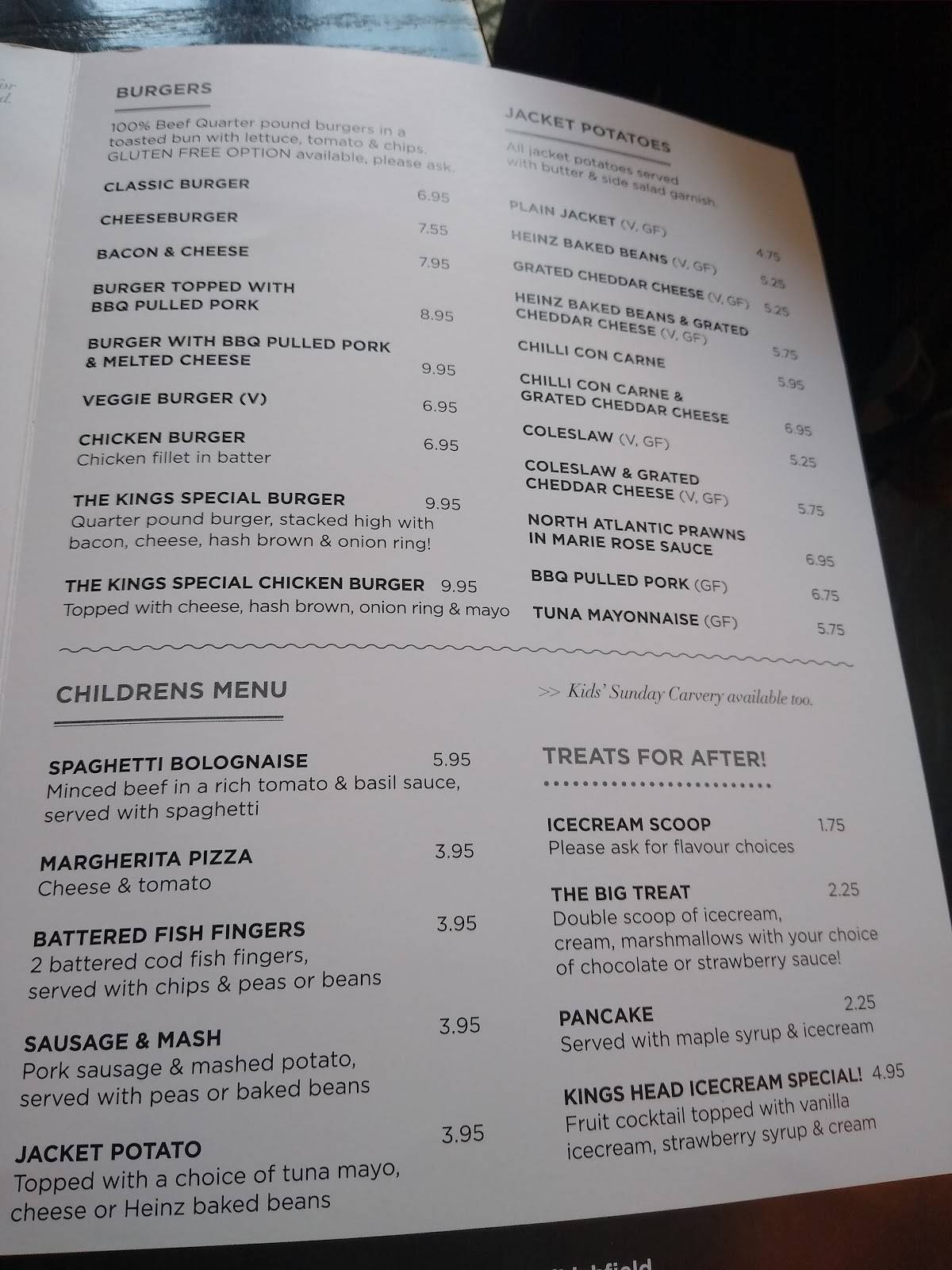 Menu at Kings Head pub & bar, Lichfield