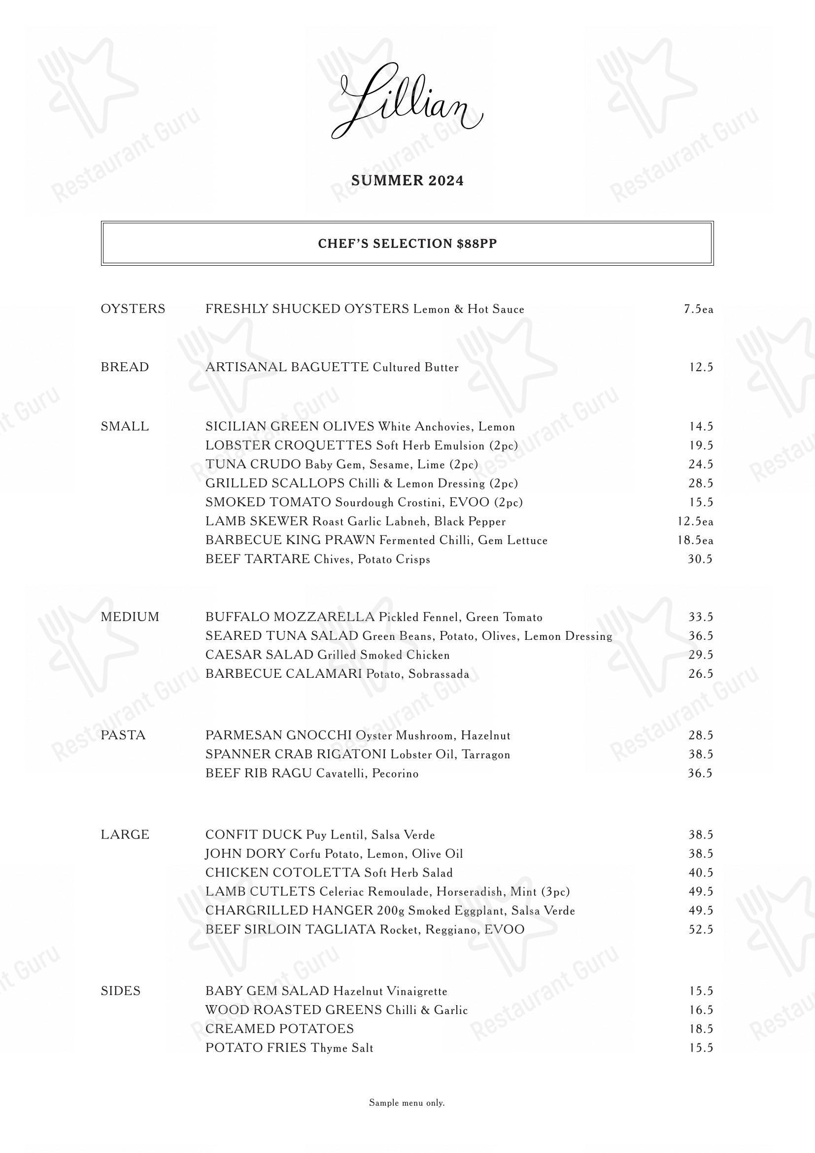 Menu at Lillian Brasserie restaurant, Melbourne