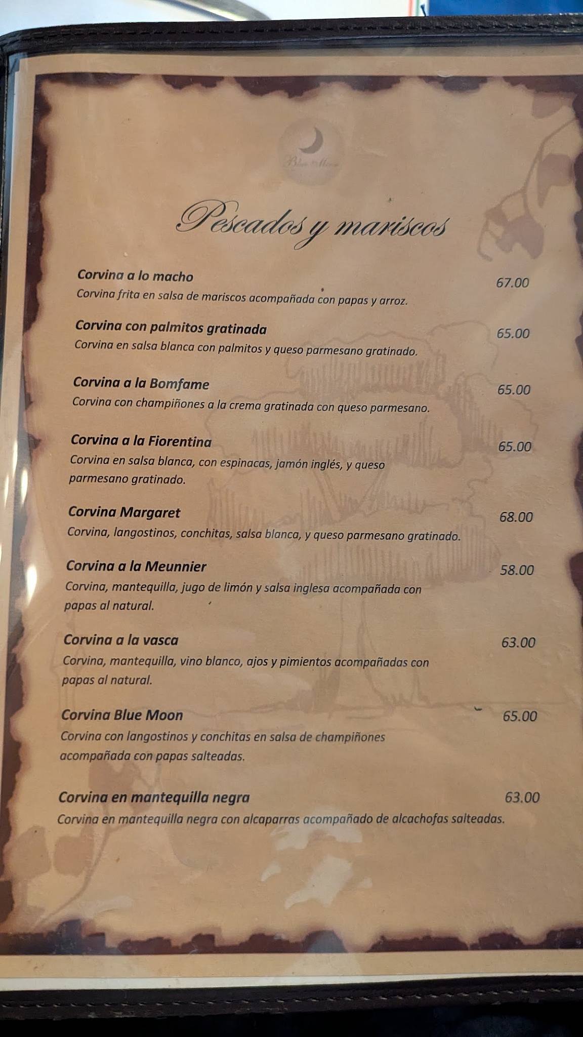 Menu at Blue Moon restaurant, Lince, Jr. Brigadier Pumacahua 2520