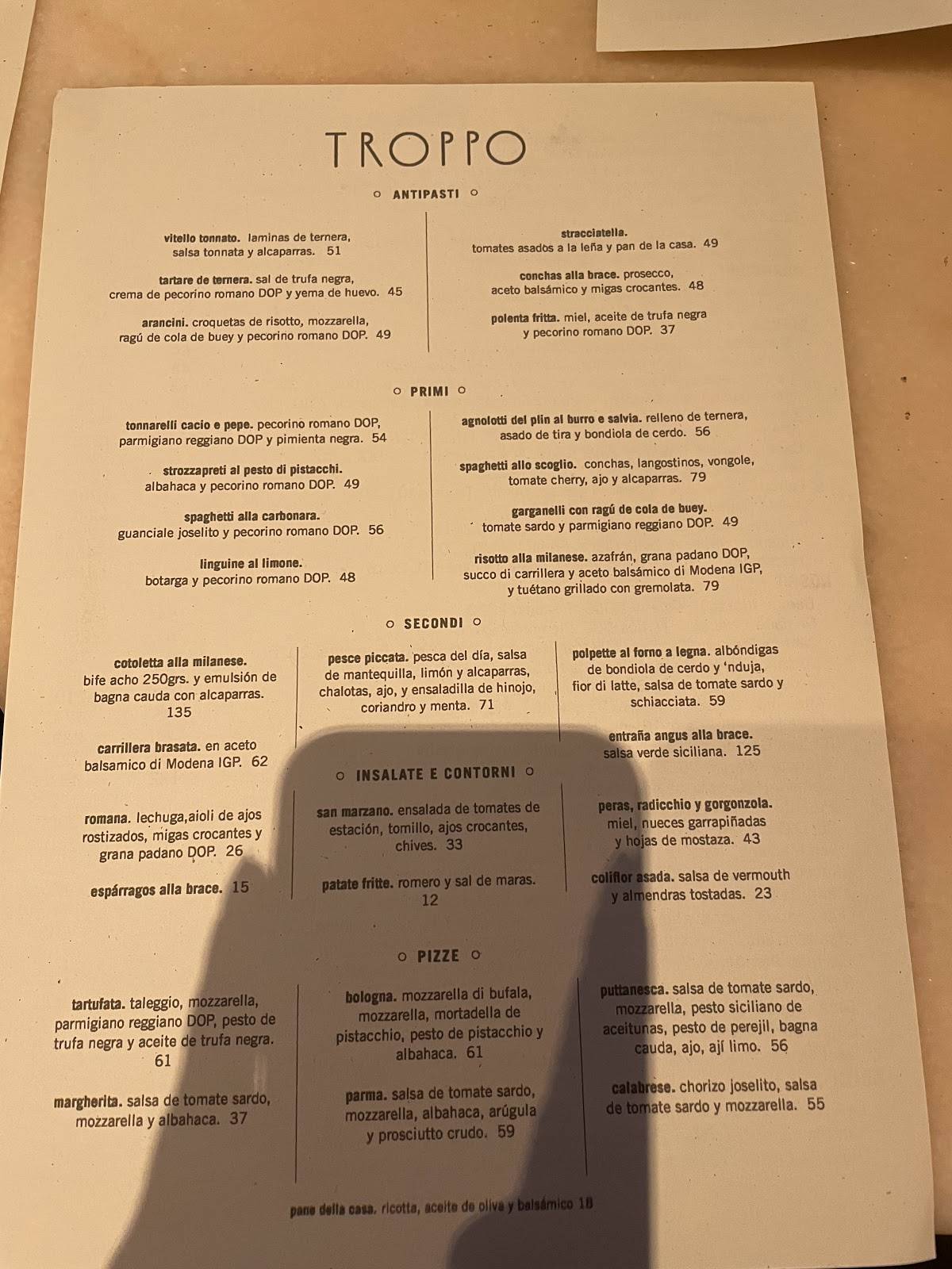 Carta de Troppo Restaurante, San Isidro